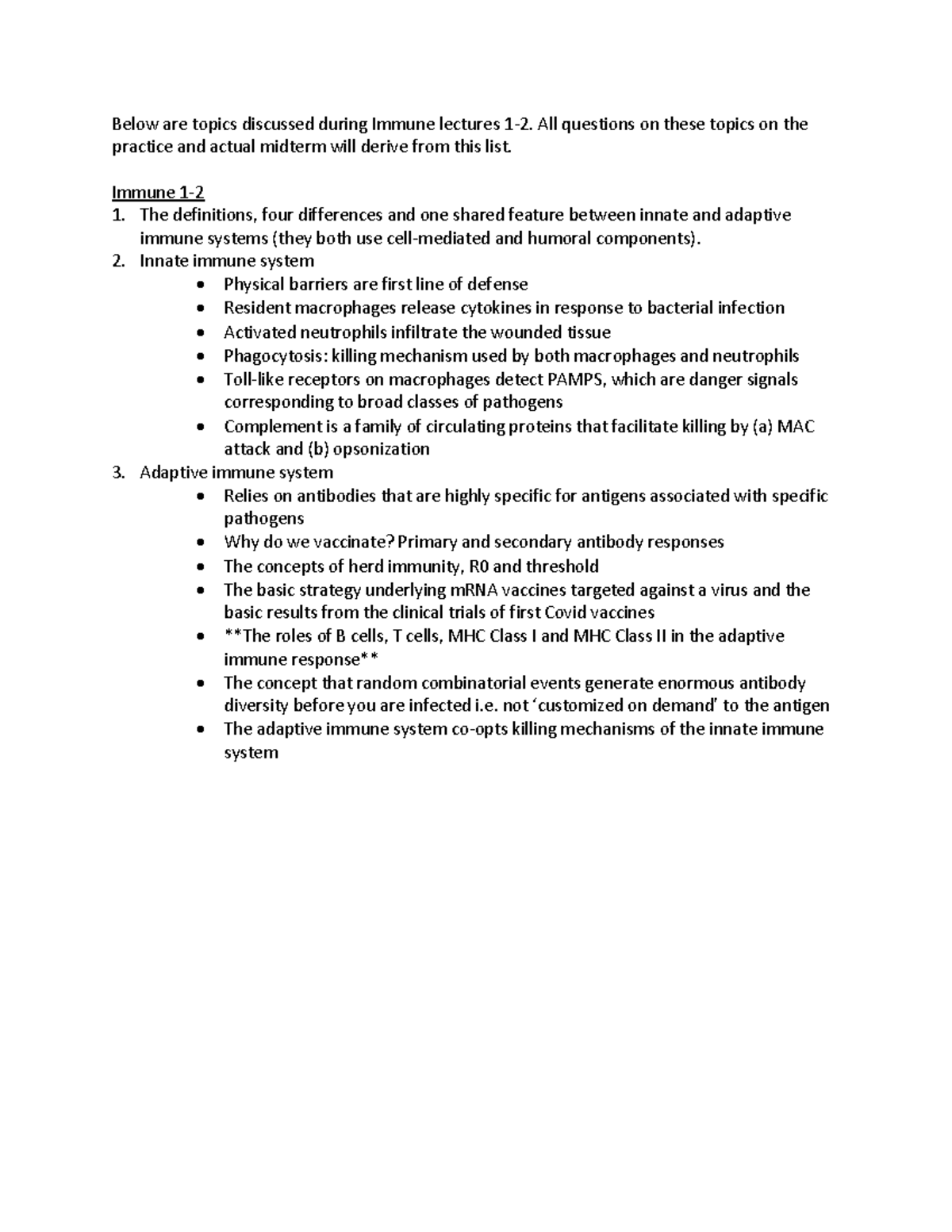 Immune System Lecture Notes 1-2 - Studocu