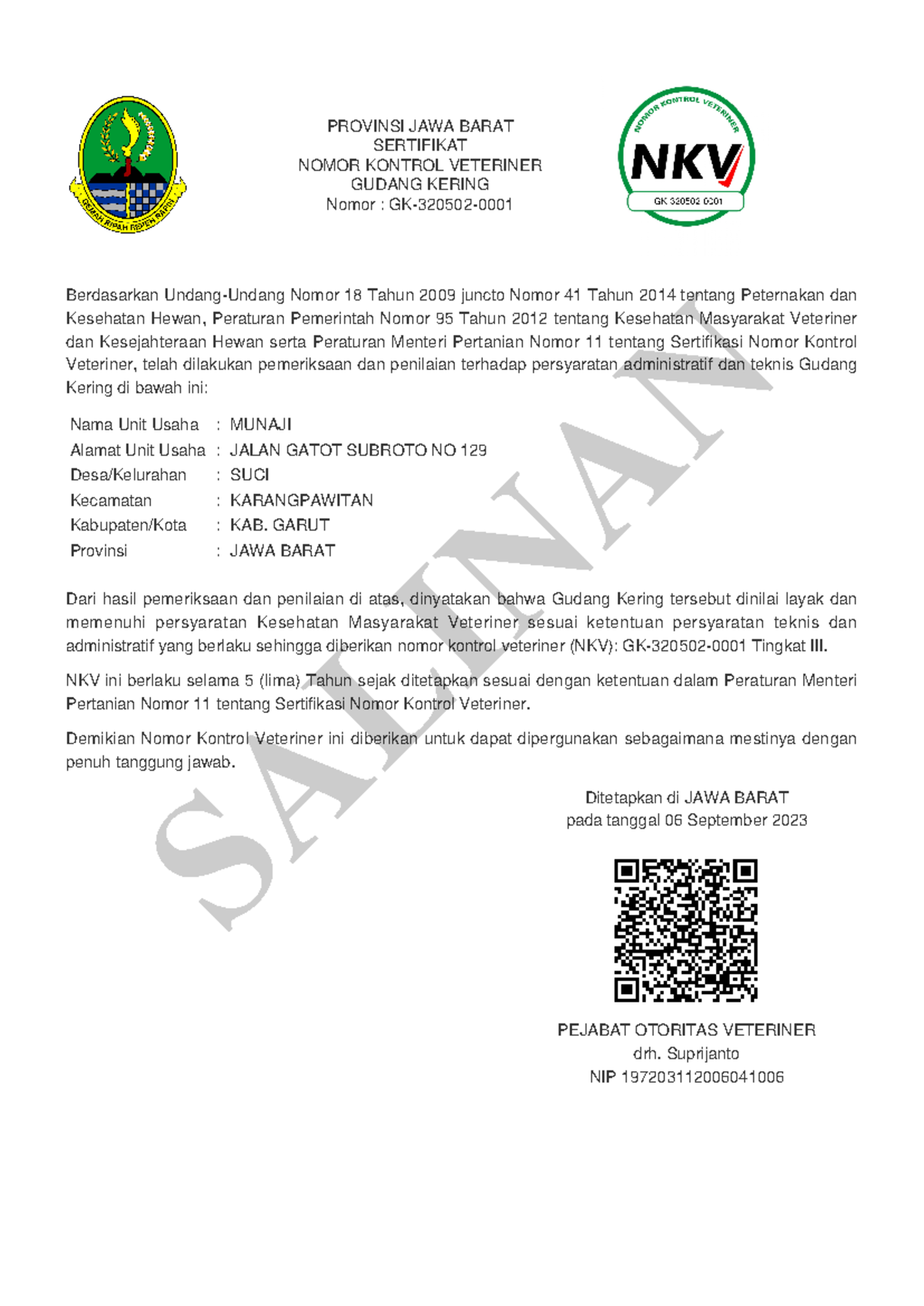 Sertifikat NKV Gudang Kering - Jawa Barat GK-320502 - 2023 - Studocu