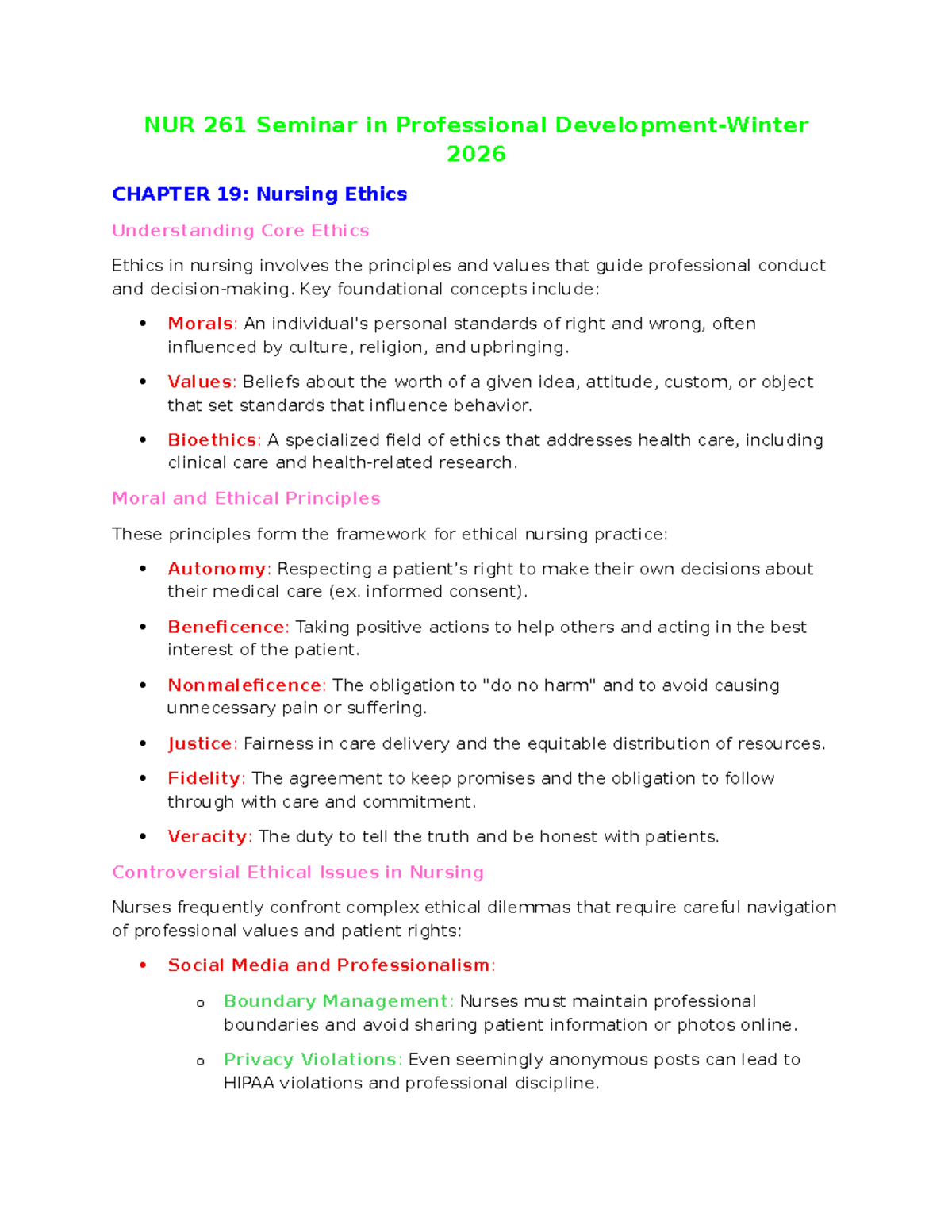 NUR 261 Final Exam Study Guide: Nursing Ethics & Legal Considerations ...
