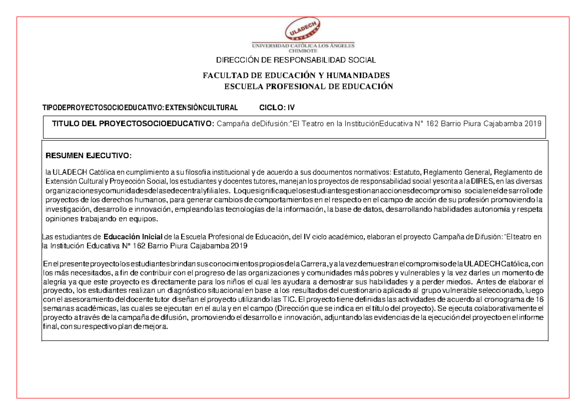 Proyecto Socioeducativo Campaña De Teatro En I E 162 Cajabamba 2019