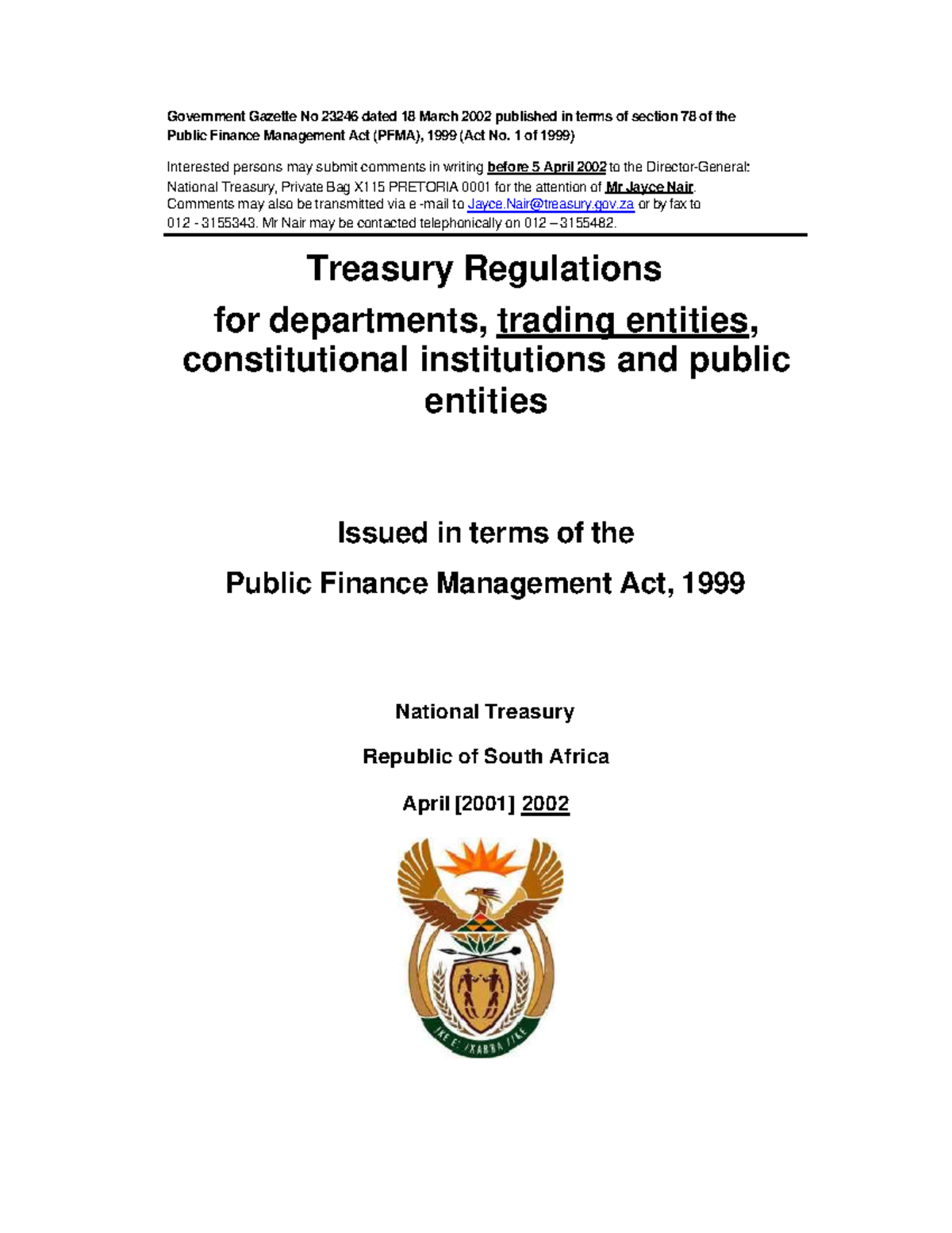 Gazette 23246: Treasury Regulations Under PFMA - March 2002 - Studocu