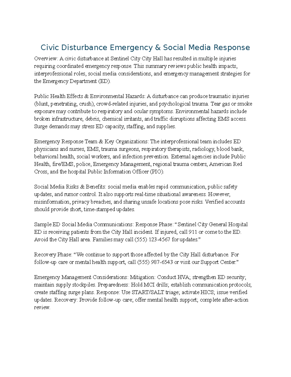 Civic Disturbance Emergency Response Overview: Sentinel City ED ...