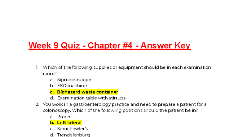 Week 9 Quiz - Chapter 4 Answer Key for Medical Assisting - Studocu
