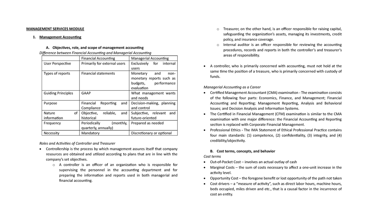 MAS-Module 1: Lecture Notes on Management Accounting Concepts - Studocu