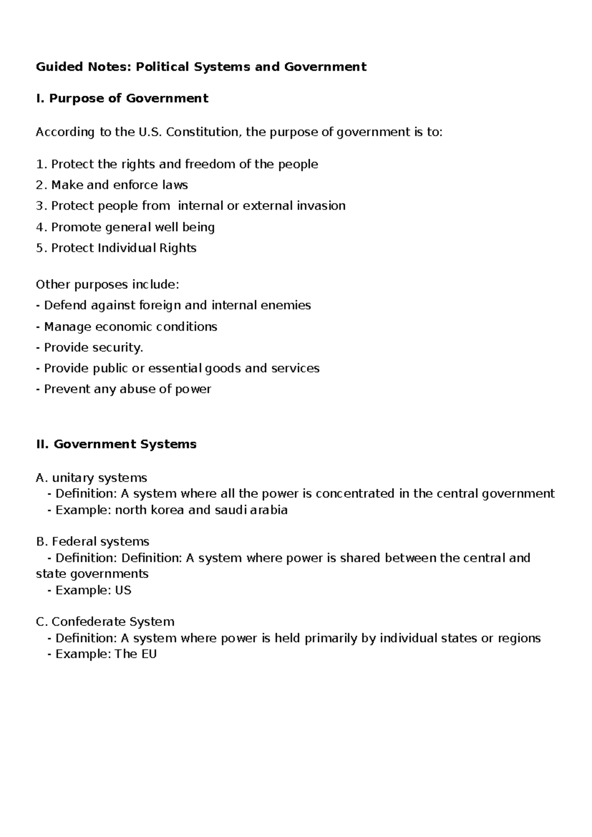 Types of Government Guided Notes (2) - Guided Notes: Political Systems ...
