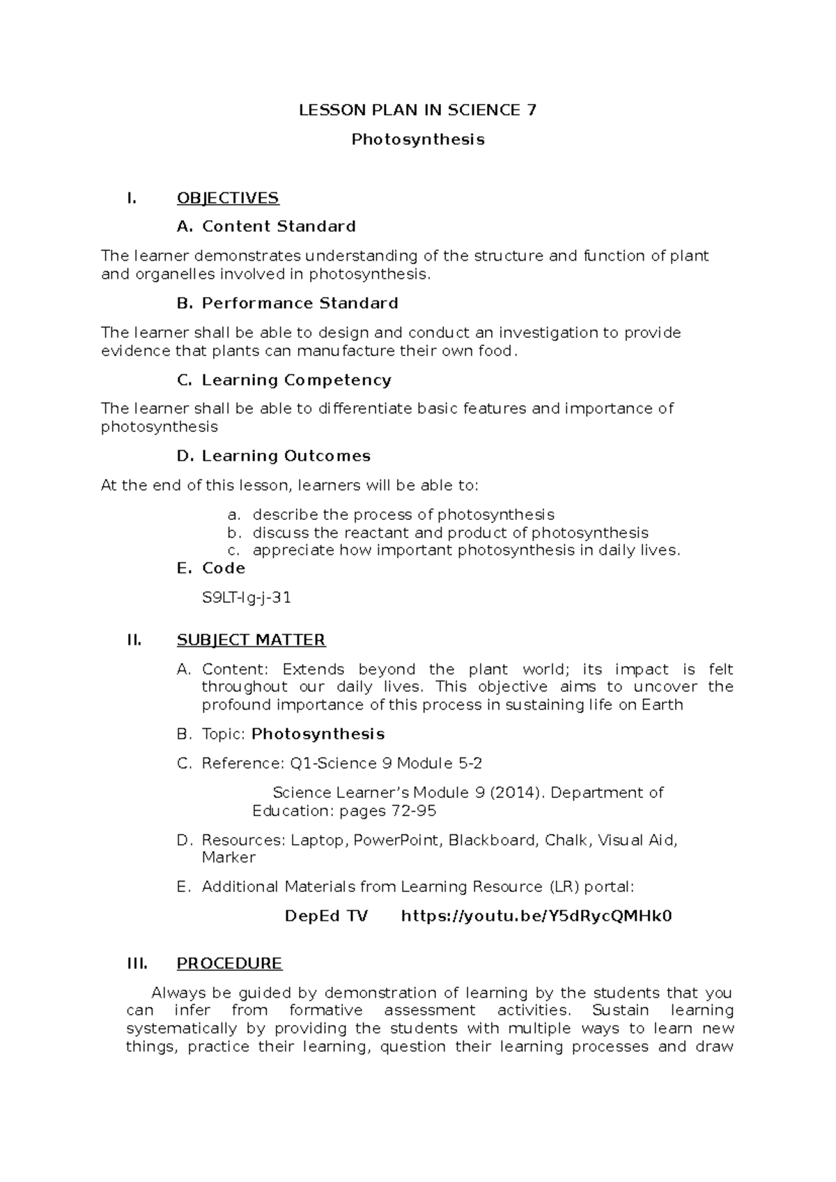LESSON PLAN: SCIENCE 7 - PHOTOSYNTHESIS OVERVIEW AND OBJECTIVES - Studocu