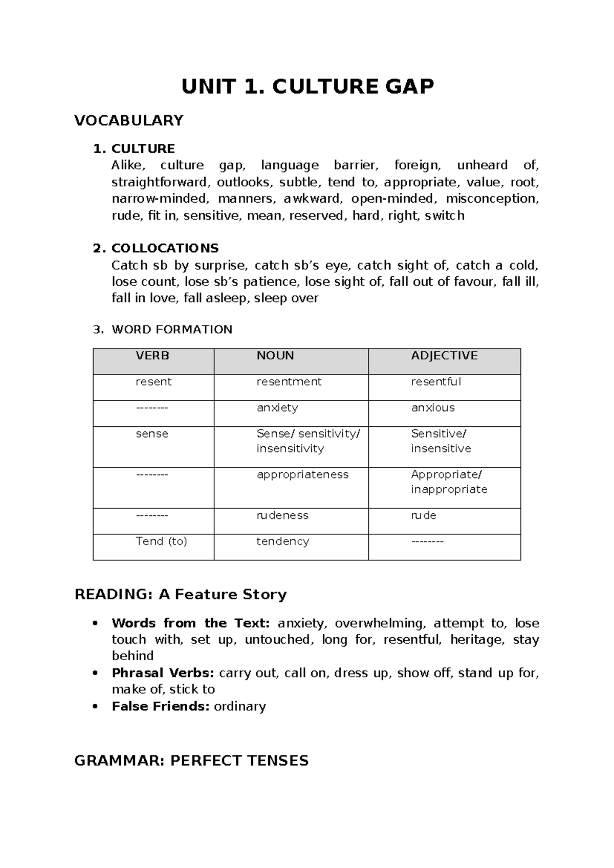 UNIT 1 Culture Gap - Vocabulary and Grammar Notes in English - Studocu