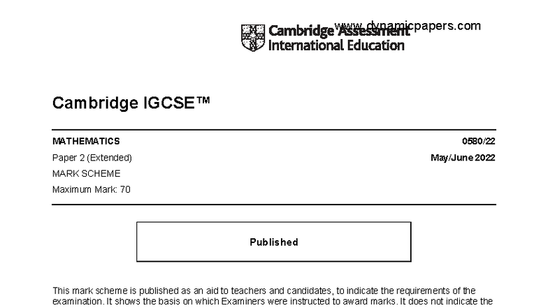 Cambridge IGCSE Mathematics 0580 Paper 2 (Extended) 2022 Mark Scheme ...