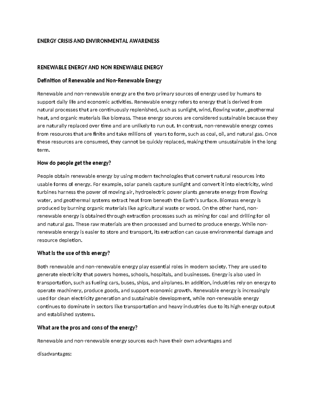 ENERGY CRISIS AND ENVIRONMENTAL AWARENESS: RENEWABLE VS NON-RENEWABLE ...