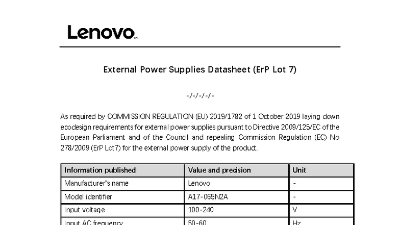 External Power Supplies Datasheet (ErP Lot 7) - Jan 2020 - Studocu