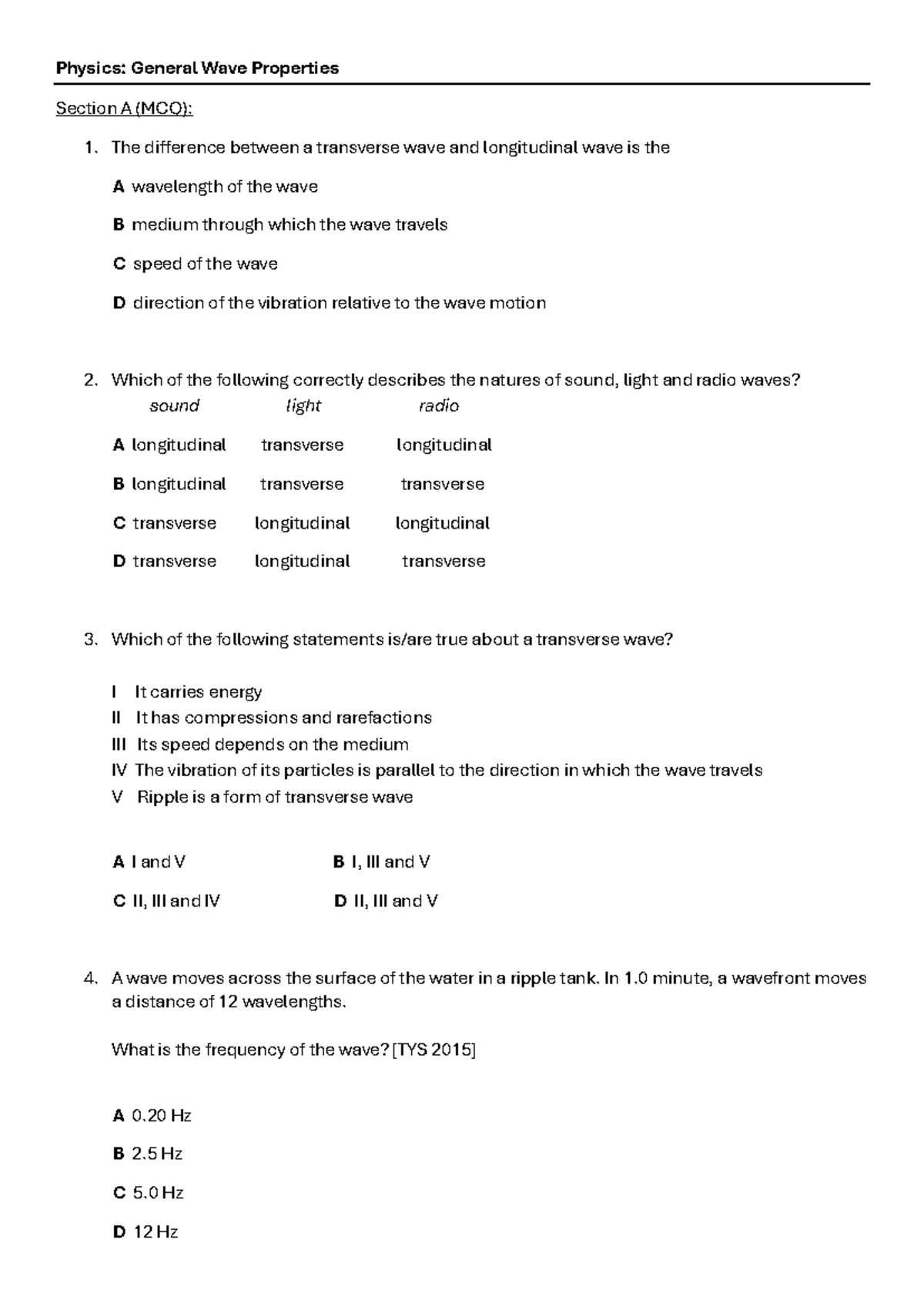 Physics WS (General Wave Properties) MCQ Review - Studocu