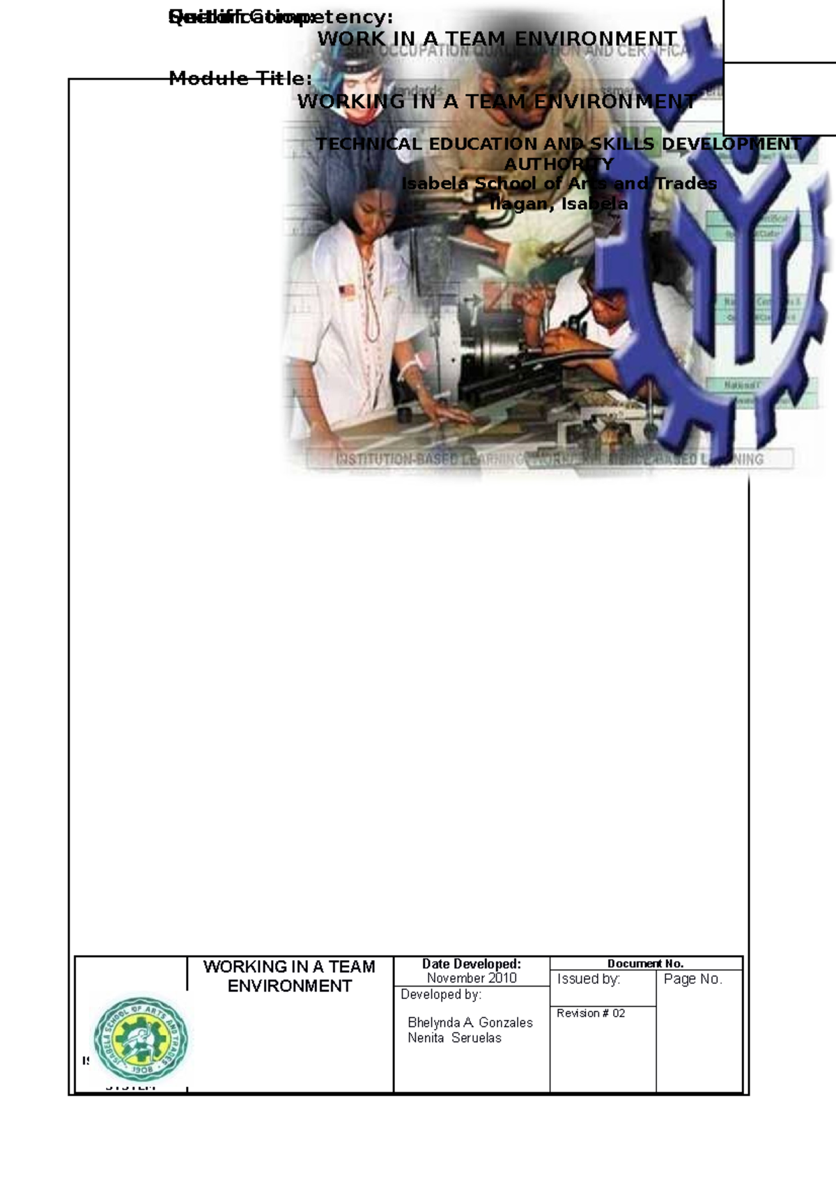 ISAT-TESDA 50031110 Working in a Team Environment - Module Guide - Studocu