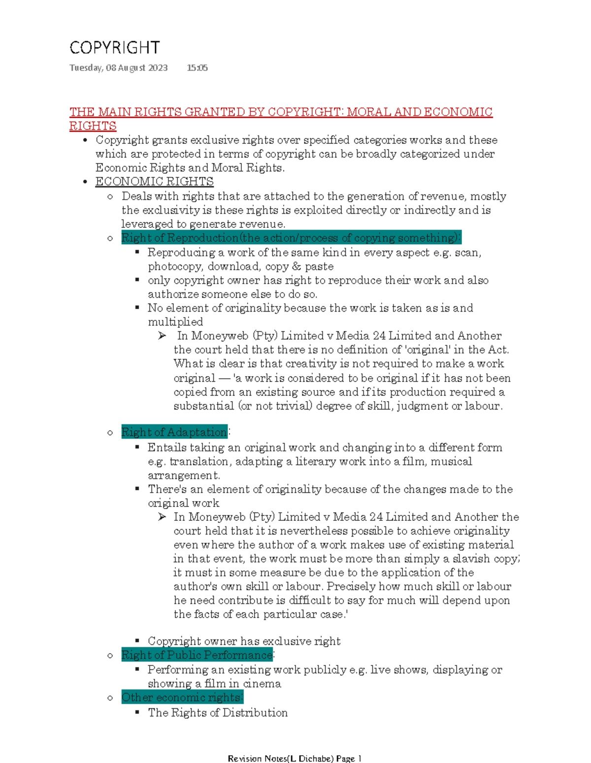 Intellectual Property Law: Copyright Rights Summary Notes - Studocu