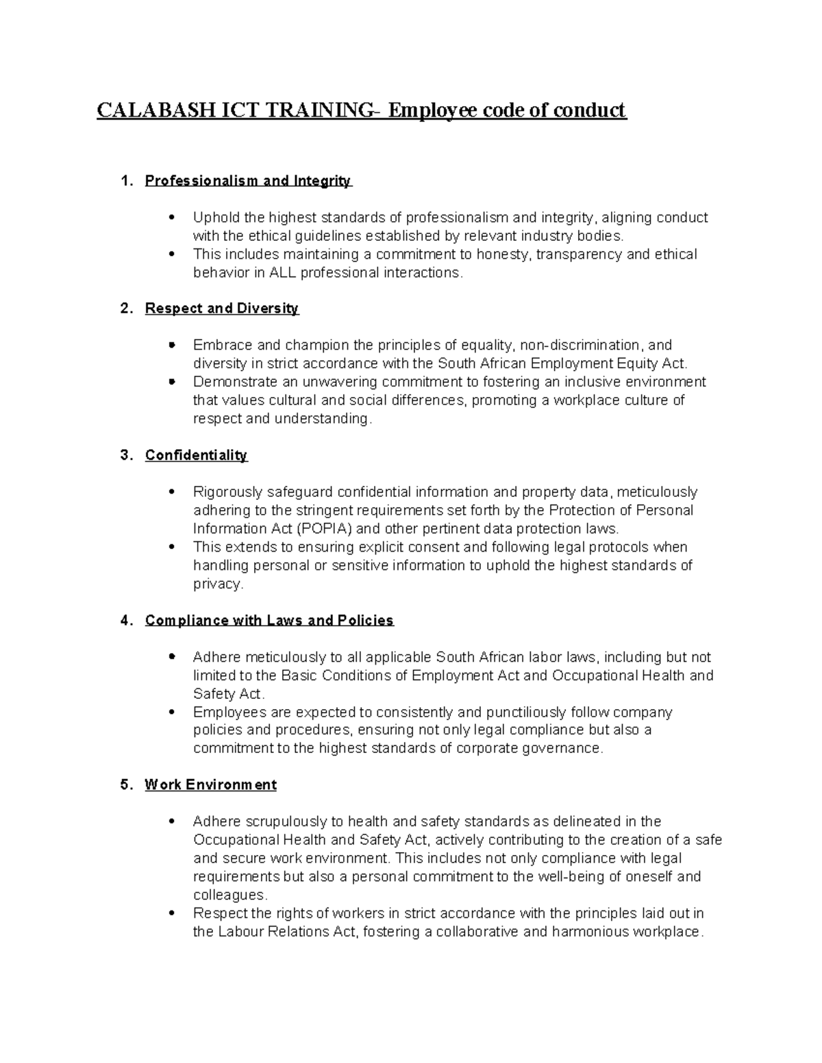CALABASH ICT Employee Code of Conduct: Professionalism & Ethics Guide - Studocu