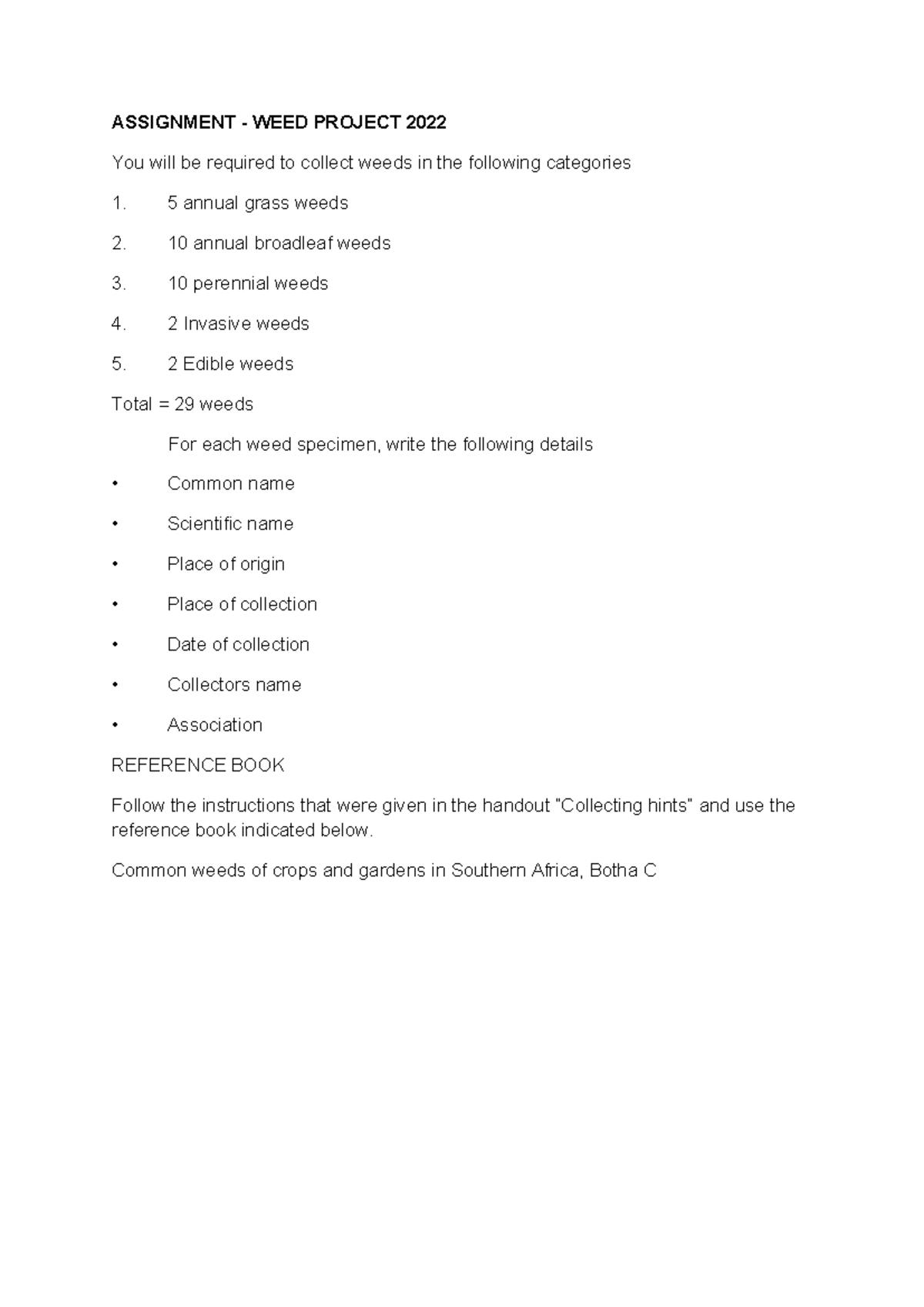weed project collection - ASSIGNMENT - WEED PROJECT 2022 You will be ...