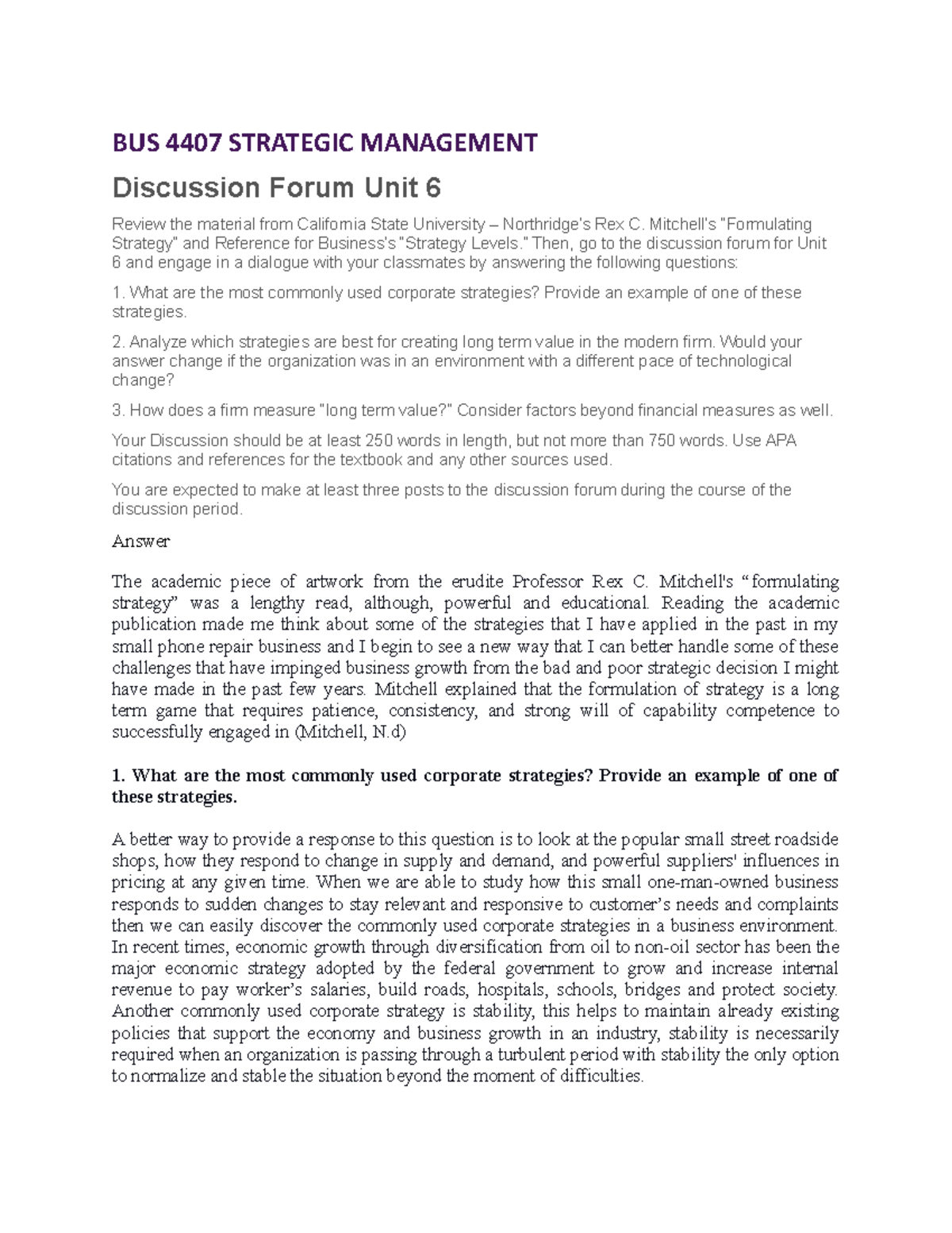 BUS 4407 Strategic Management Discussion Forum Unit 6 Term 4 2021 ...