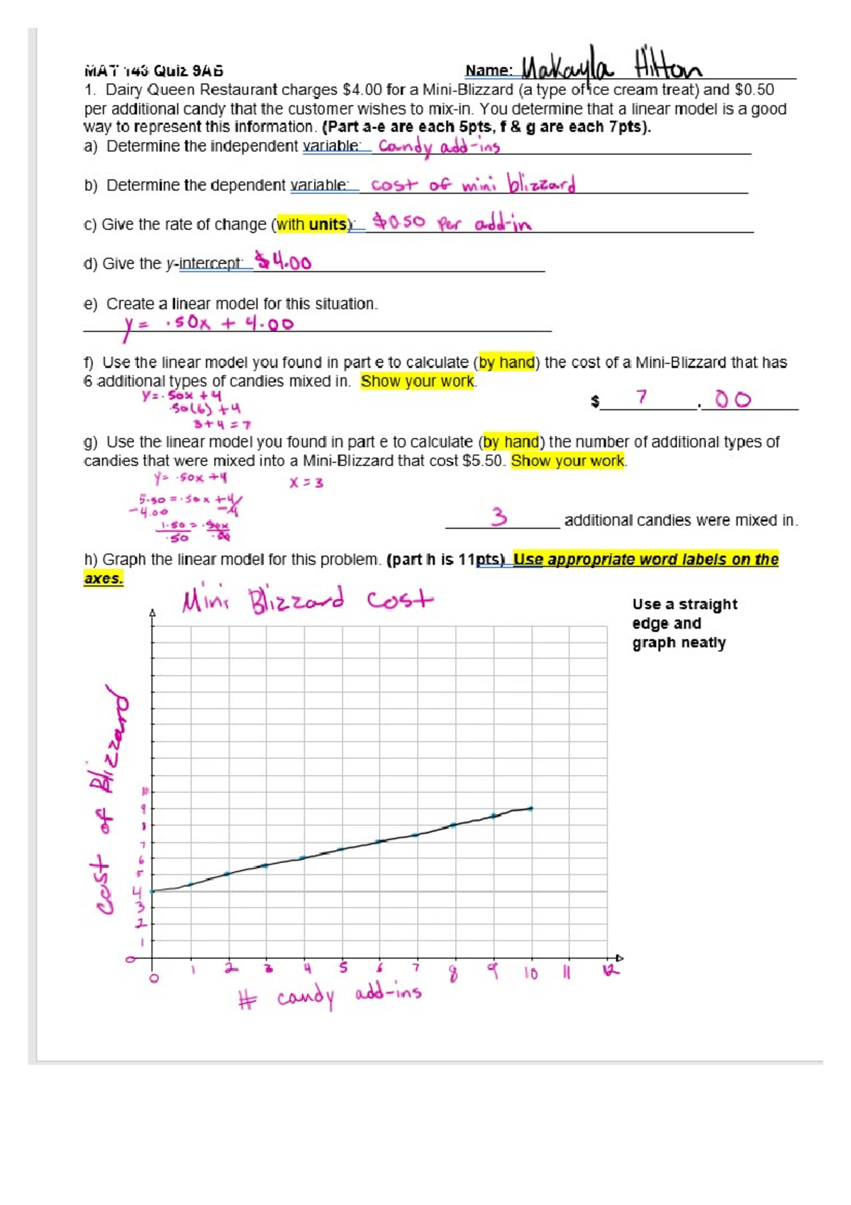 Quiz 9AB - Document has the shown work for all answers. - MAT 143 ...