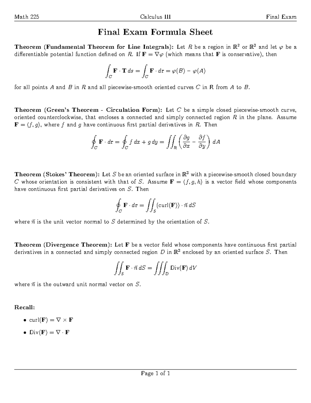 Math 225 Calculus III Final Exam Formula Sheet for Reference - Studocu