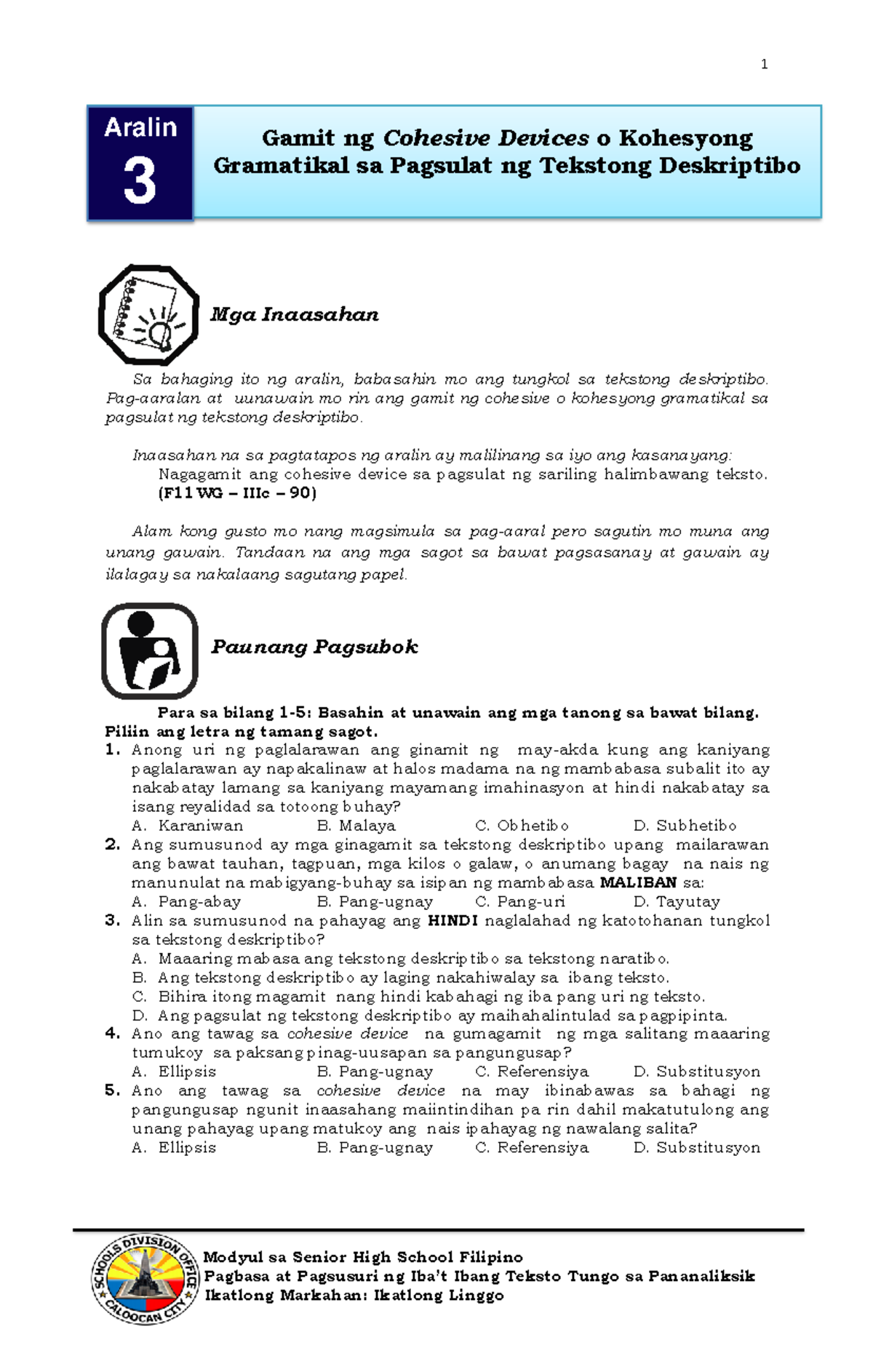 Pagbasa at Pagsusuri Q3 Week 3 - Modyul sa Senior High School Filipino ...