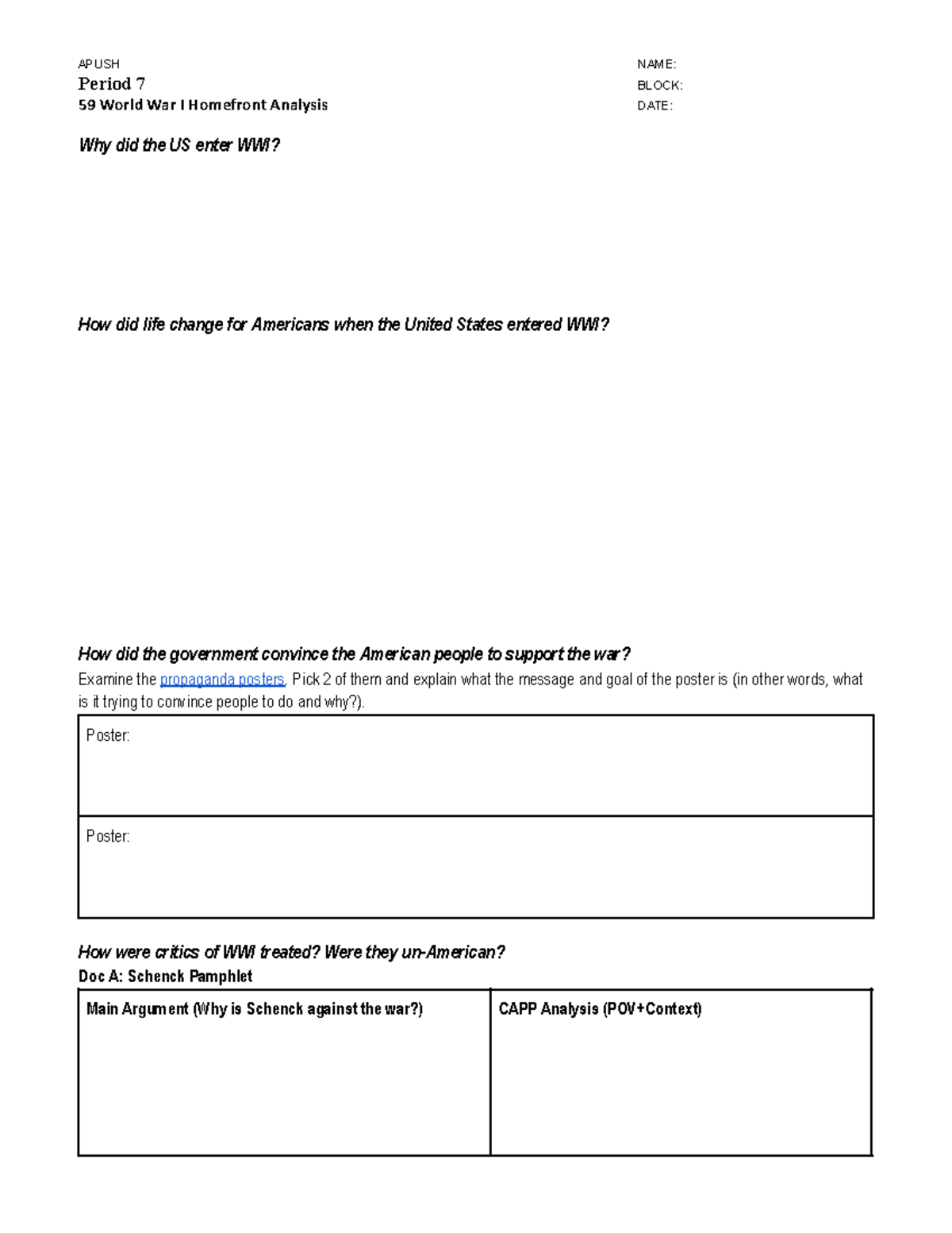 59 WWI Analysis 2025 - APUSH NAME: Period 7 BLOCK: 59 World War I ...