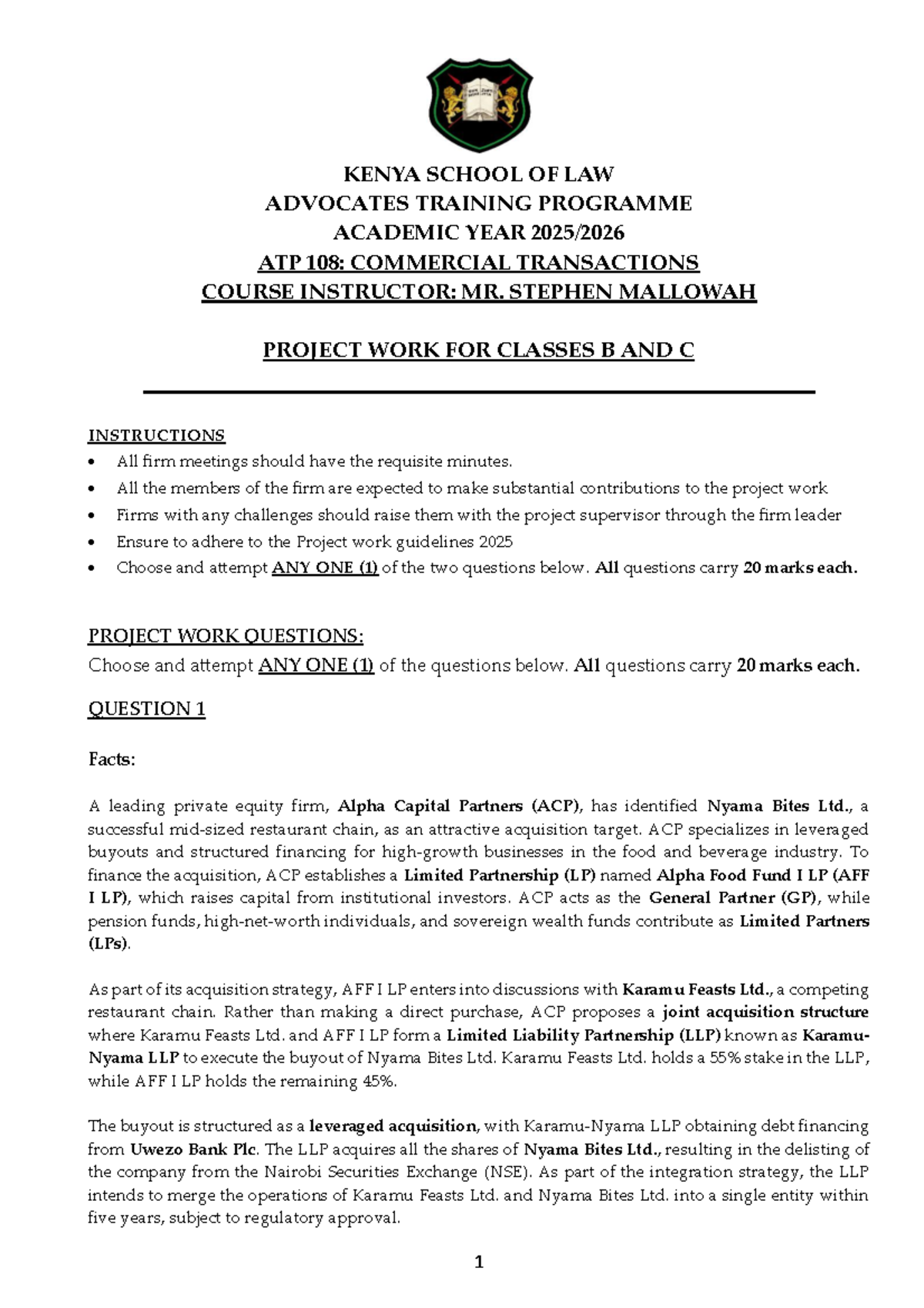 ATP 108 Commercial Transactions Project Work 2025 - Classes B & C ...