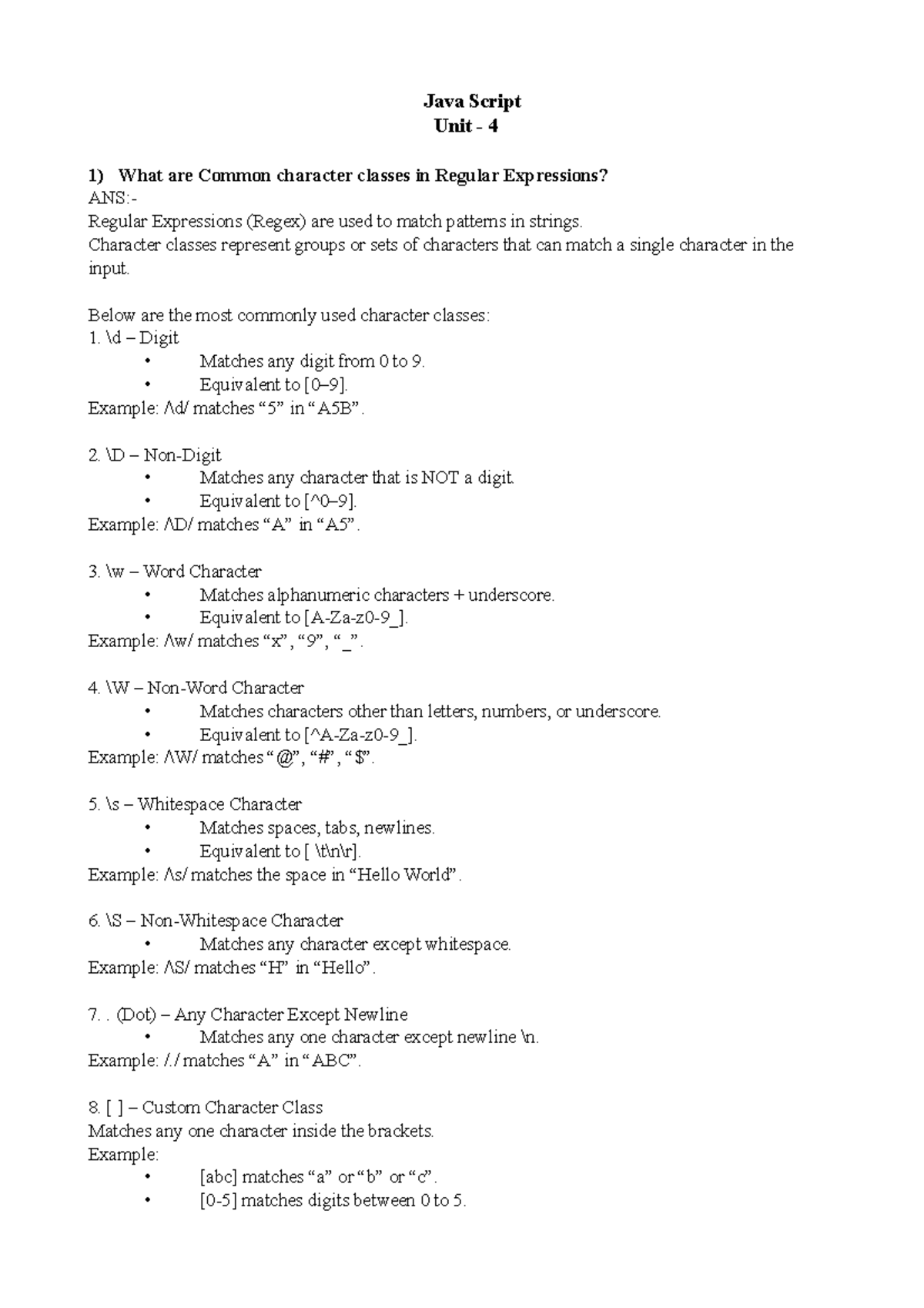 JavaScript Unit 4: Character Classes & Advanced Regex Concepts - Studocu