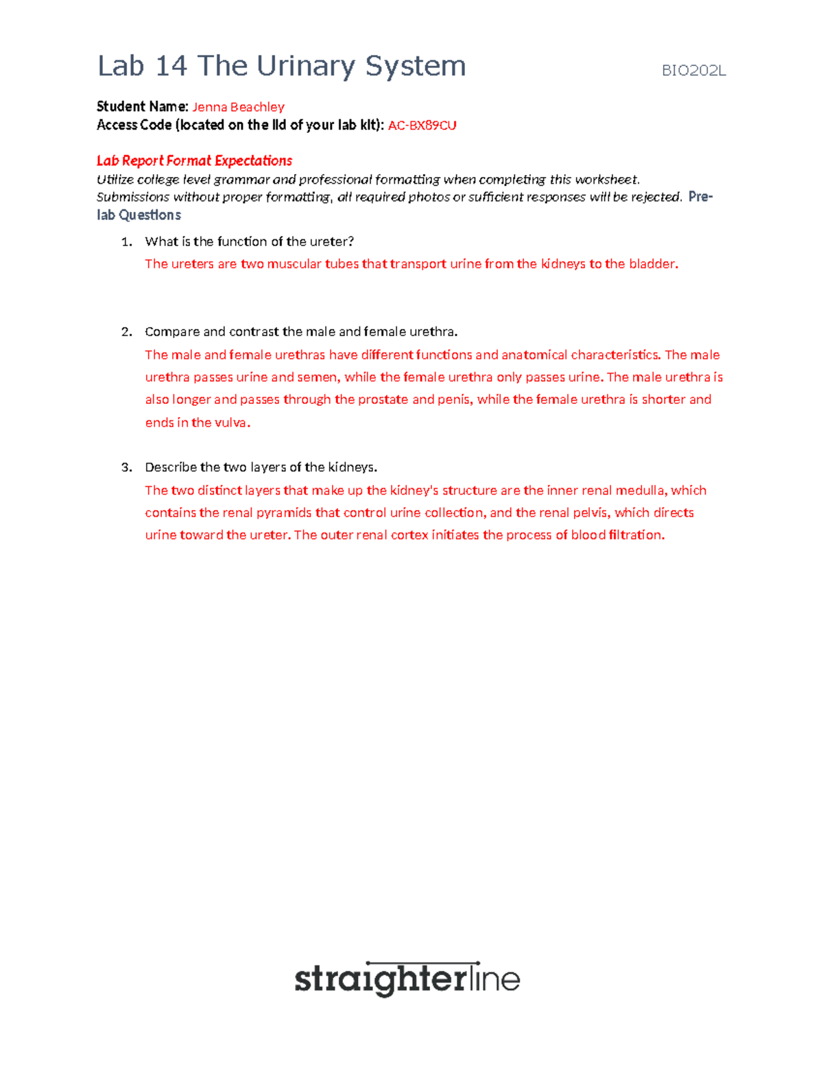 BIO202 Lab 14 - Kidney Function and Urinalysis Report - Studocu