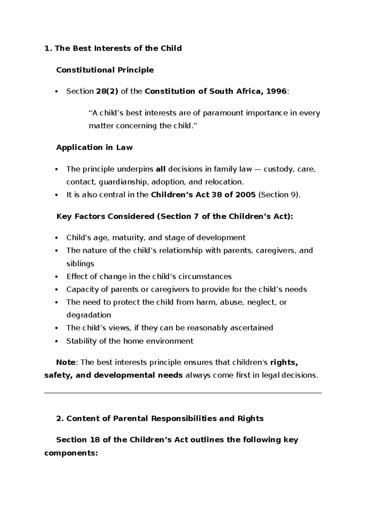 Lecture - FAMILY LAW: Best Interests of the Child Principle in SA - Studocu