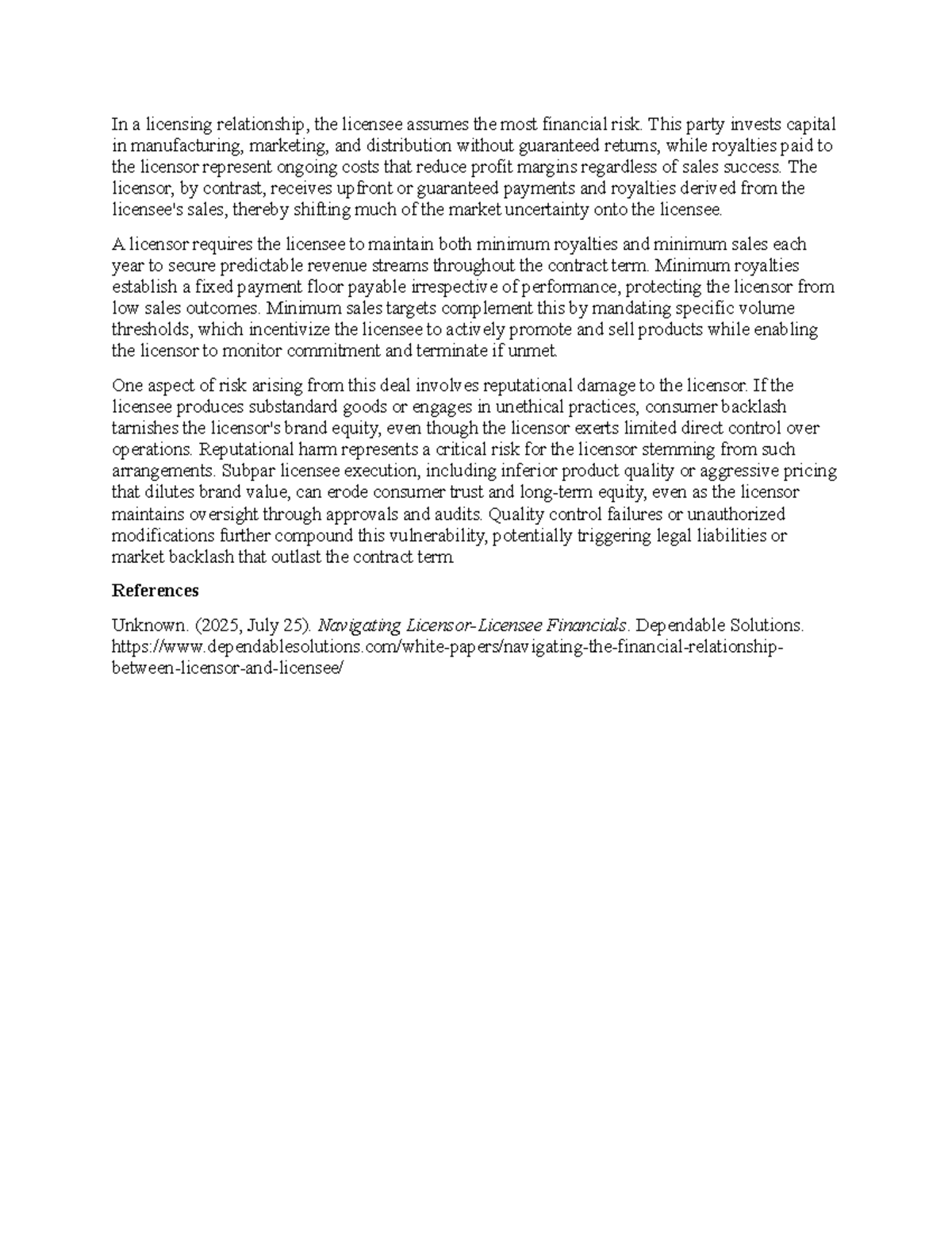 SPT-525 Module 7-1 Discussion: Risks in Licensing Relationships - Studocu