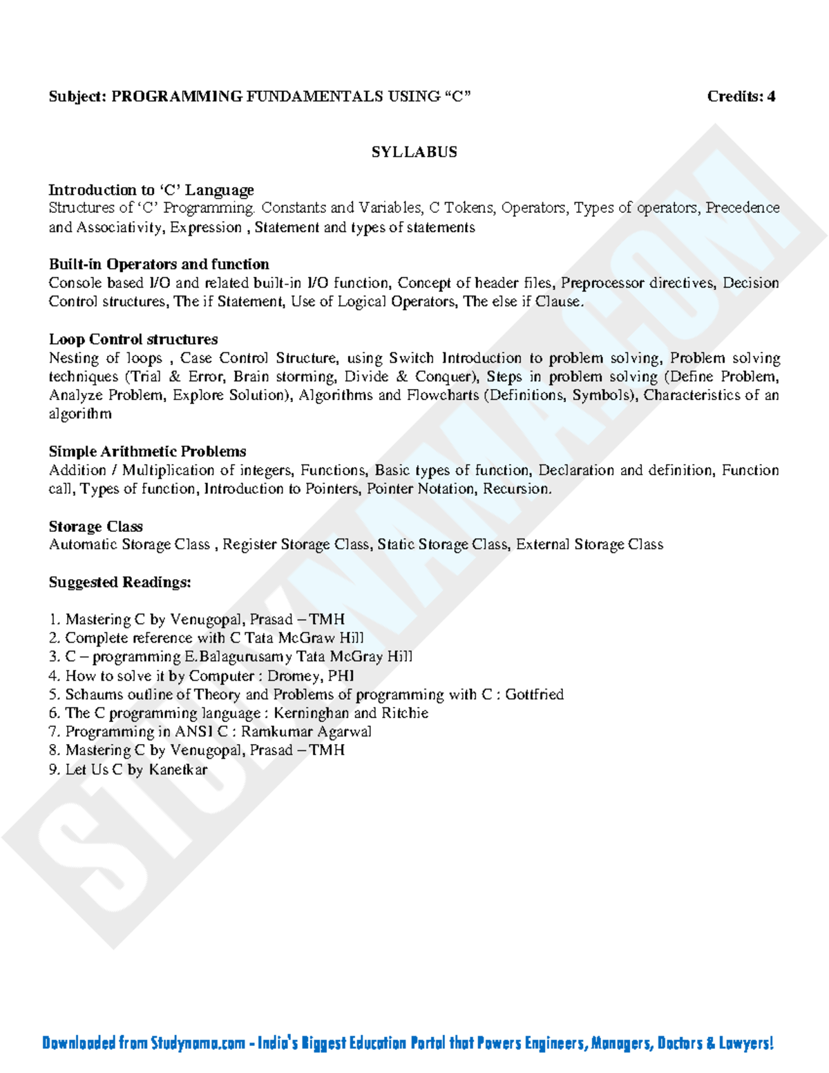 Programming Fundamentals Using C - Syllabus Overview and Concepts - Studocu