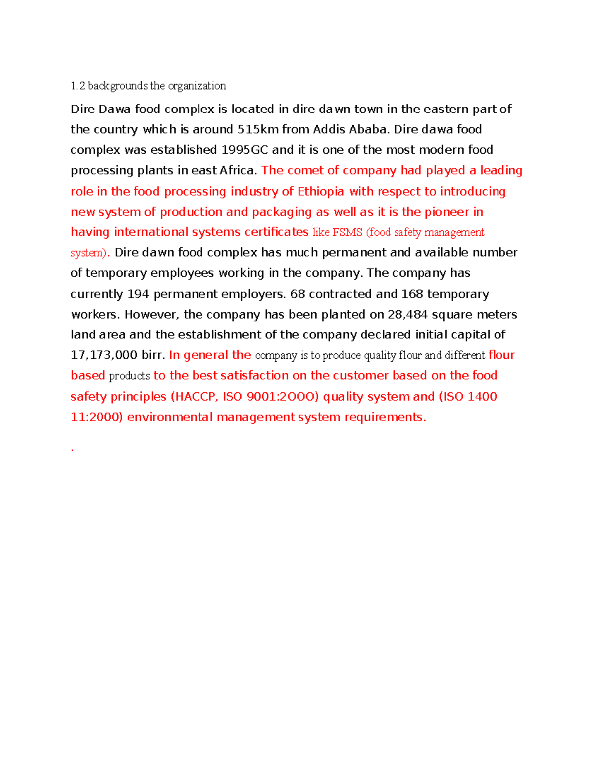 About vera pasta - Thesis - 1 backgrounds the organization Dire Dawa ...