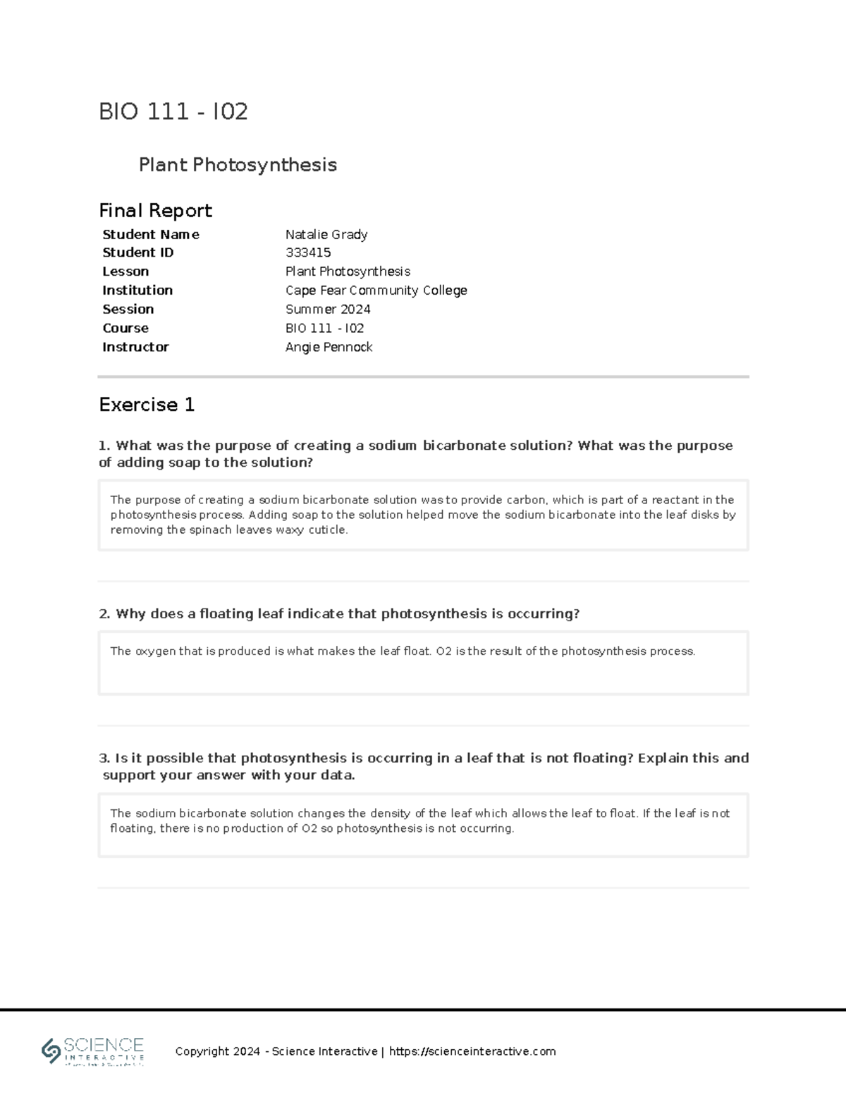 Lab 7: BIO 111 - I Plant Photosynthesis Experiment Report - Studocu