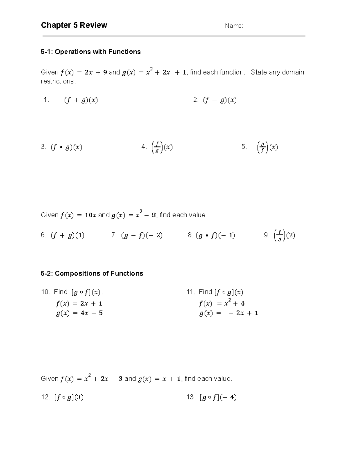 Chapter 5 Review: Operations, Inverses, and Functions Analysis - Studocu
