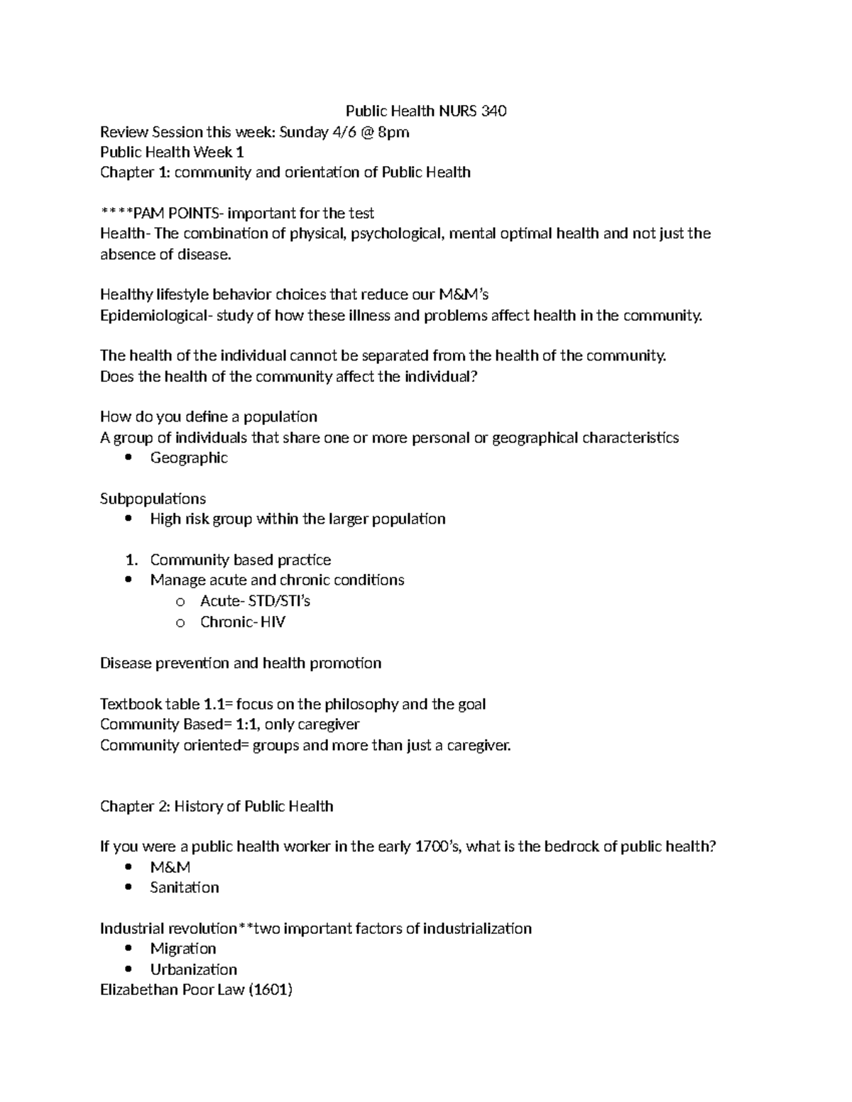Public Health NURS 340 - Week 1 Lecture Notes and Key Concepts - Studocu