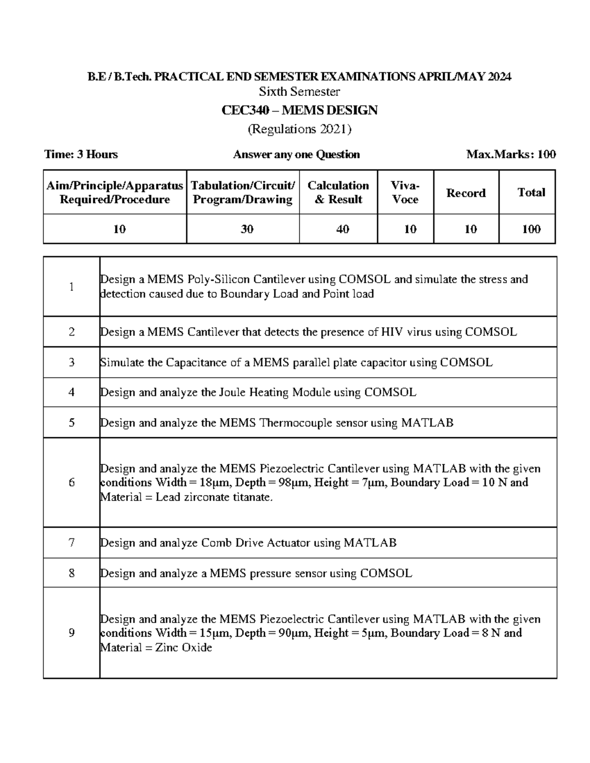 CEC340 MEMS Design: Practical End Semester Exam Guide 2024 - Studocu