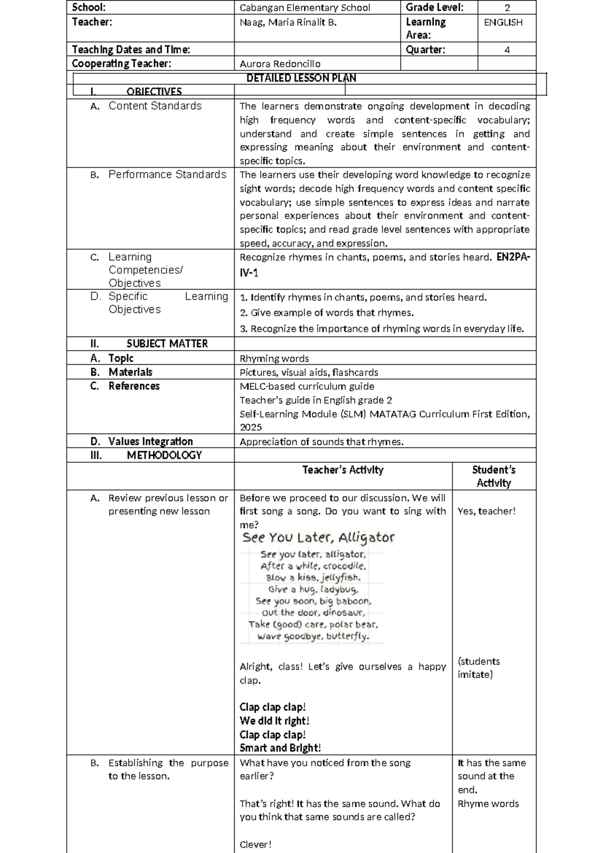 Detailed Lesson Plan: Rhyming Words for English 4 (Quarter 2) - Studocu
