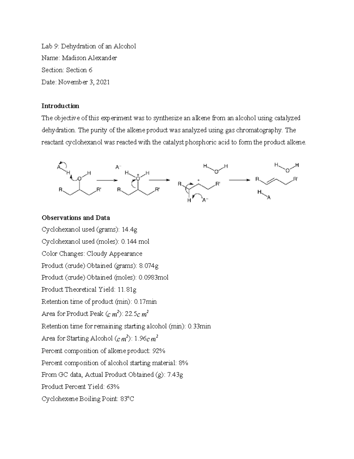 Lab 9 - Lab Report on Alcohol Dehydration Experiment - Studocu