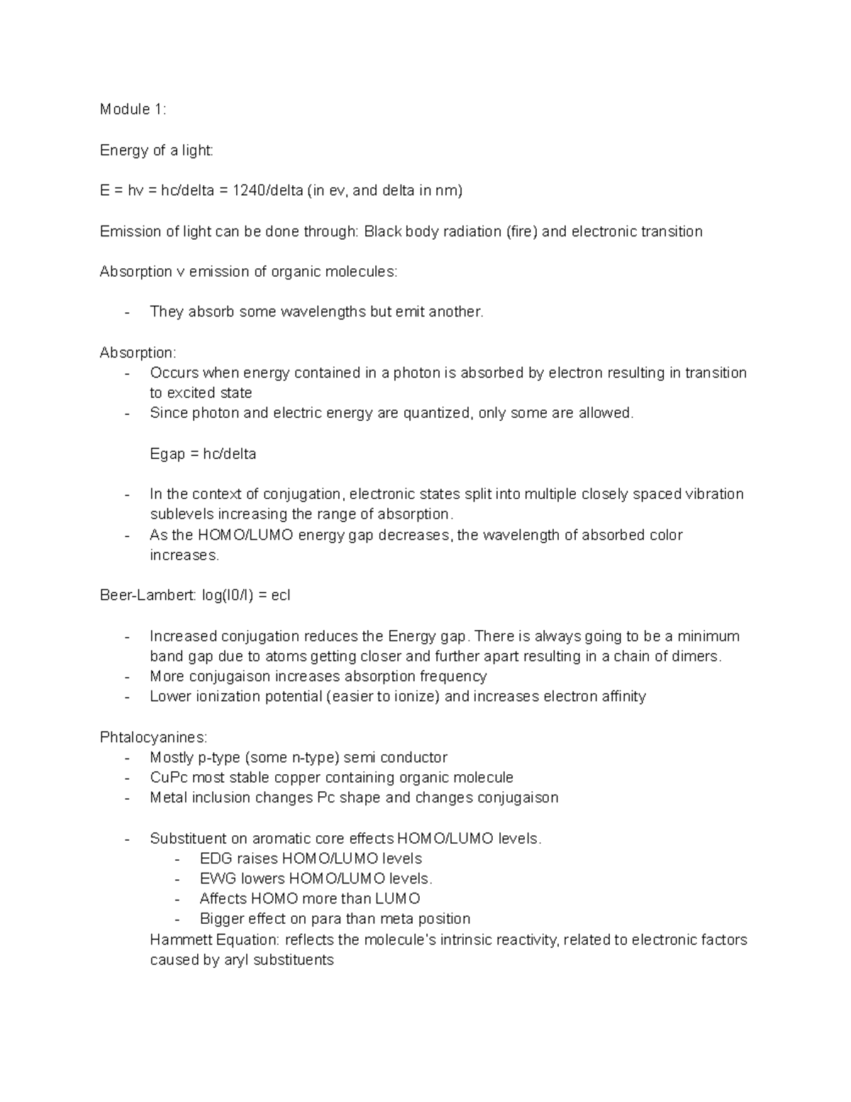 Organics CHEM 101: Midterm 1 Study Notes on Light Emission - Studocu