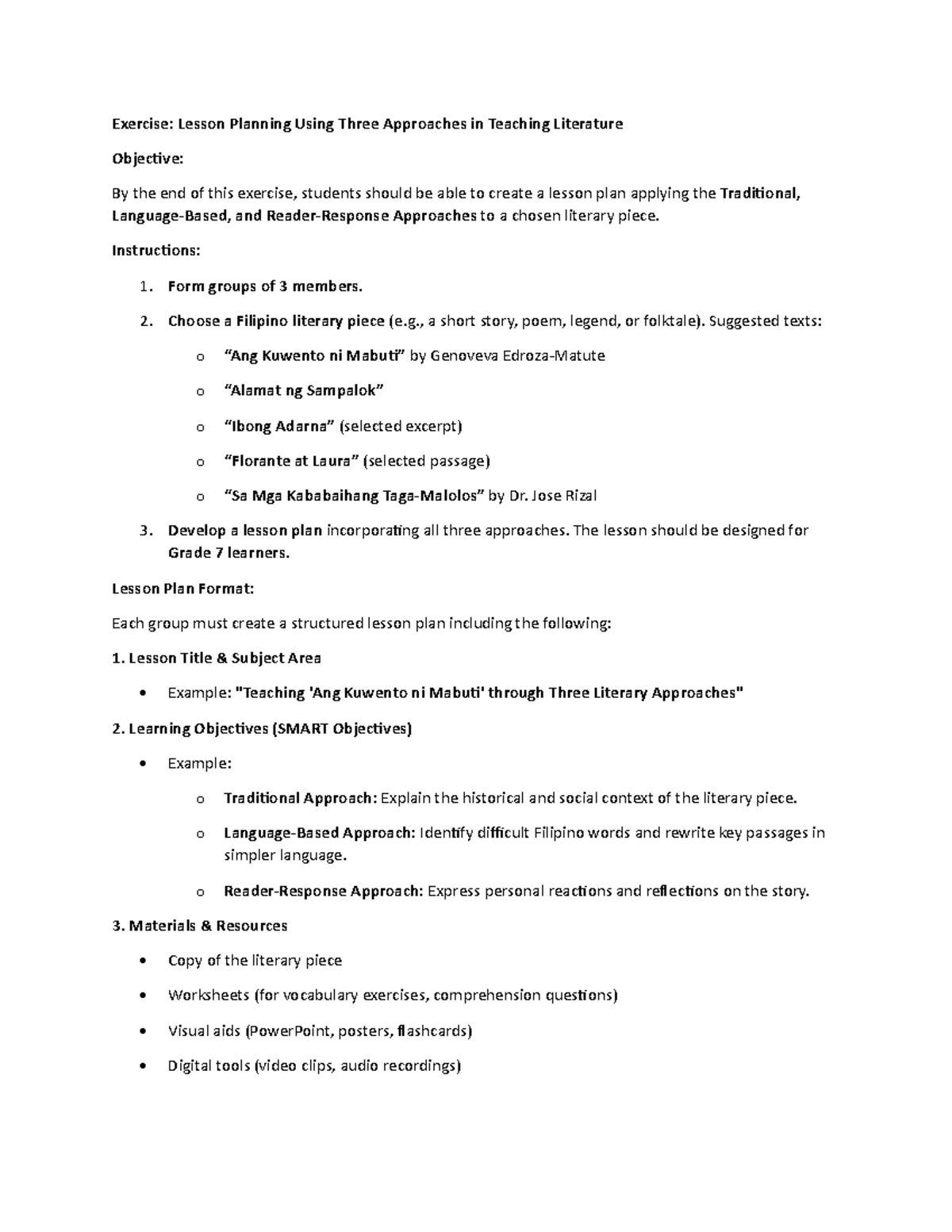 Exercise approaches in teaching literarture - Exercise: Lesson Planning ...