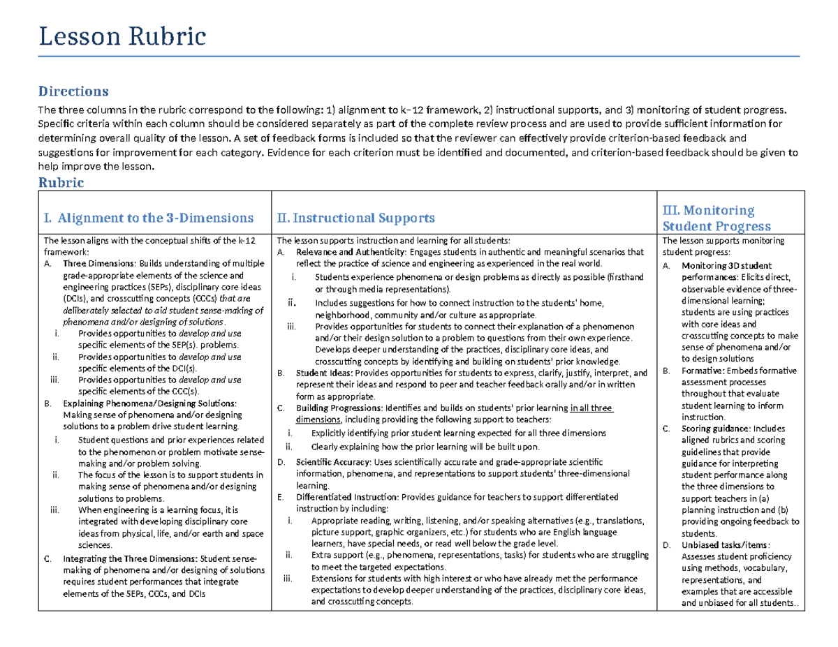 Lesson Evaluation Rubric - Lesson Rubric Directions The three columns ...