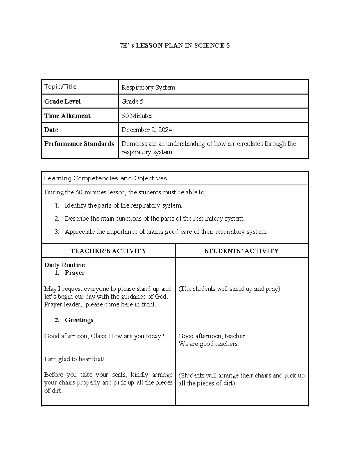7E’s Science Lesson Plan: Exploring the Respiratory System for Grade 5 ...
