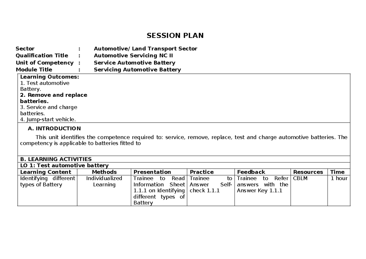 JSS-7 Session Plan - Automotive Servicing NC II: Battery Maintenance ...