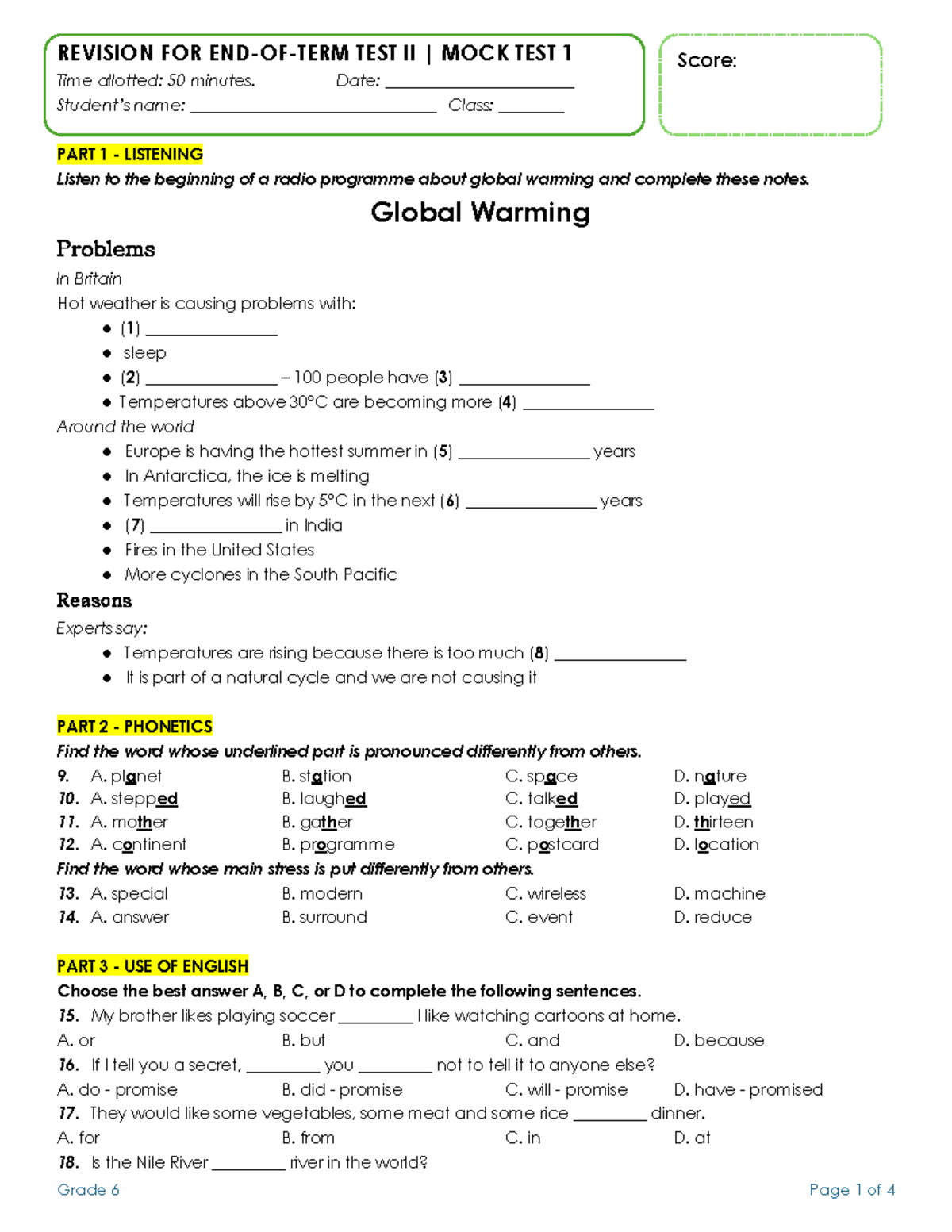 G6 Mock Test II: Global Warming & Phonetics Revision - Studocu