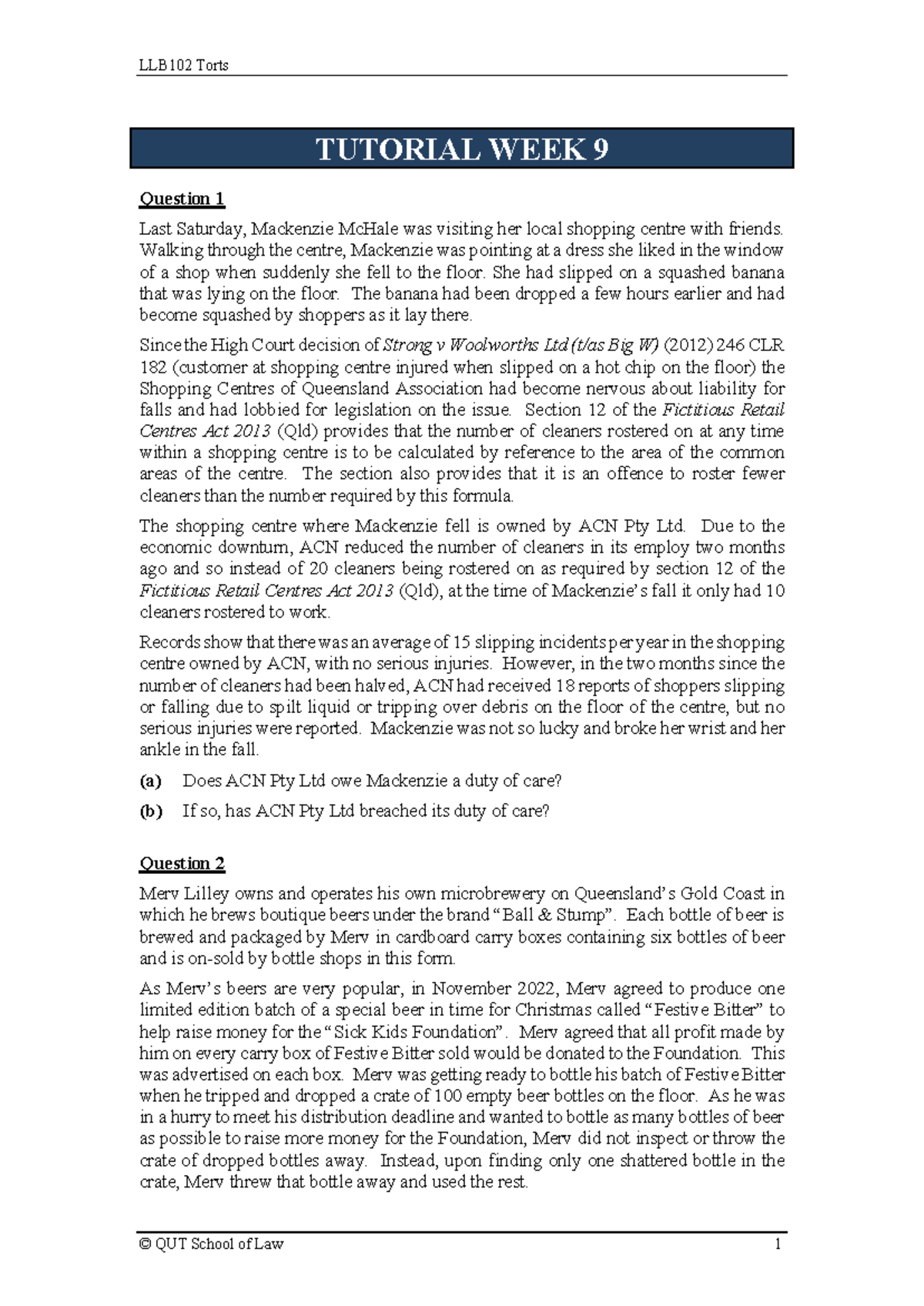 LLB102 Torts Tutorial Week 9: Duty of Care & Liability Analysis - Studocu