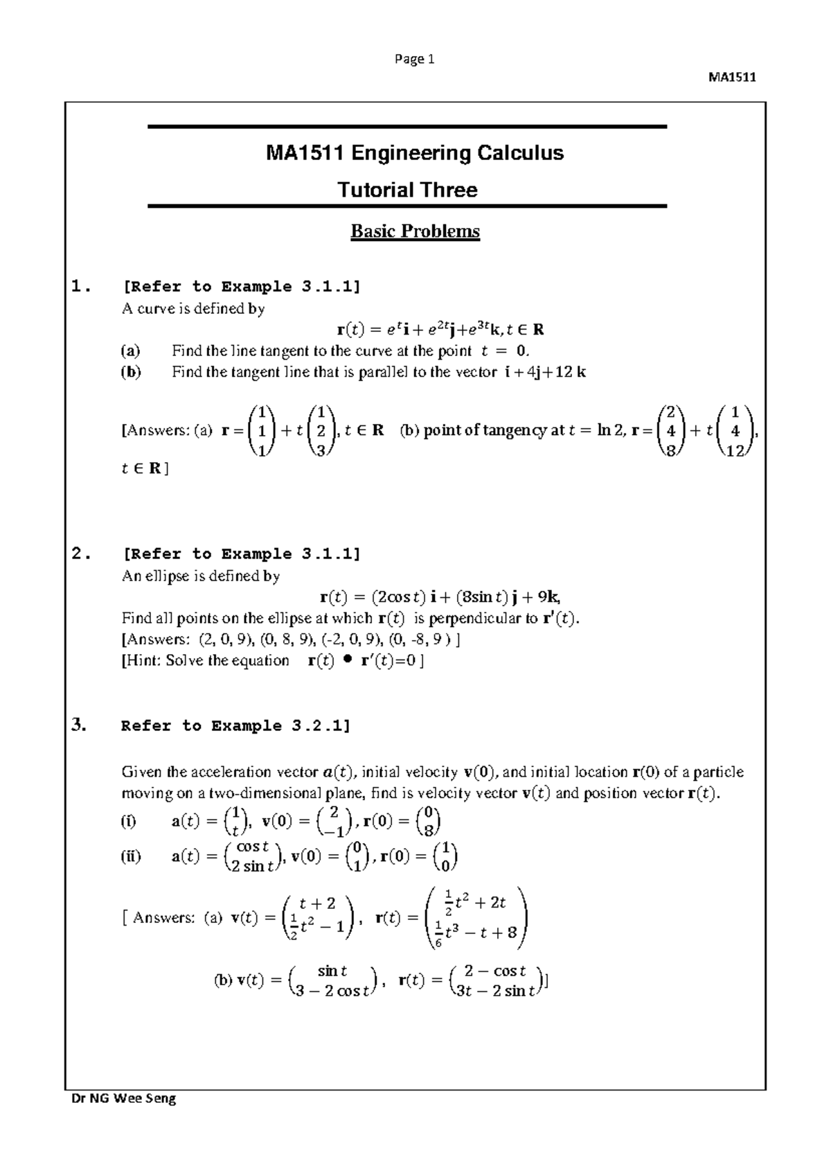 MA1511 2021S2 Tutorial 3 - MA MA1511 Engineering Calculus Tutorial Three Basic Problems 1 ...