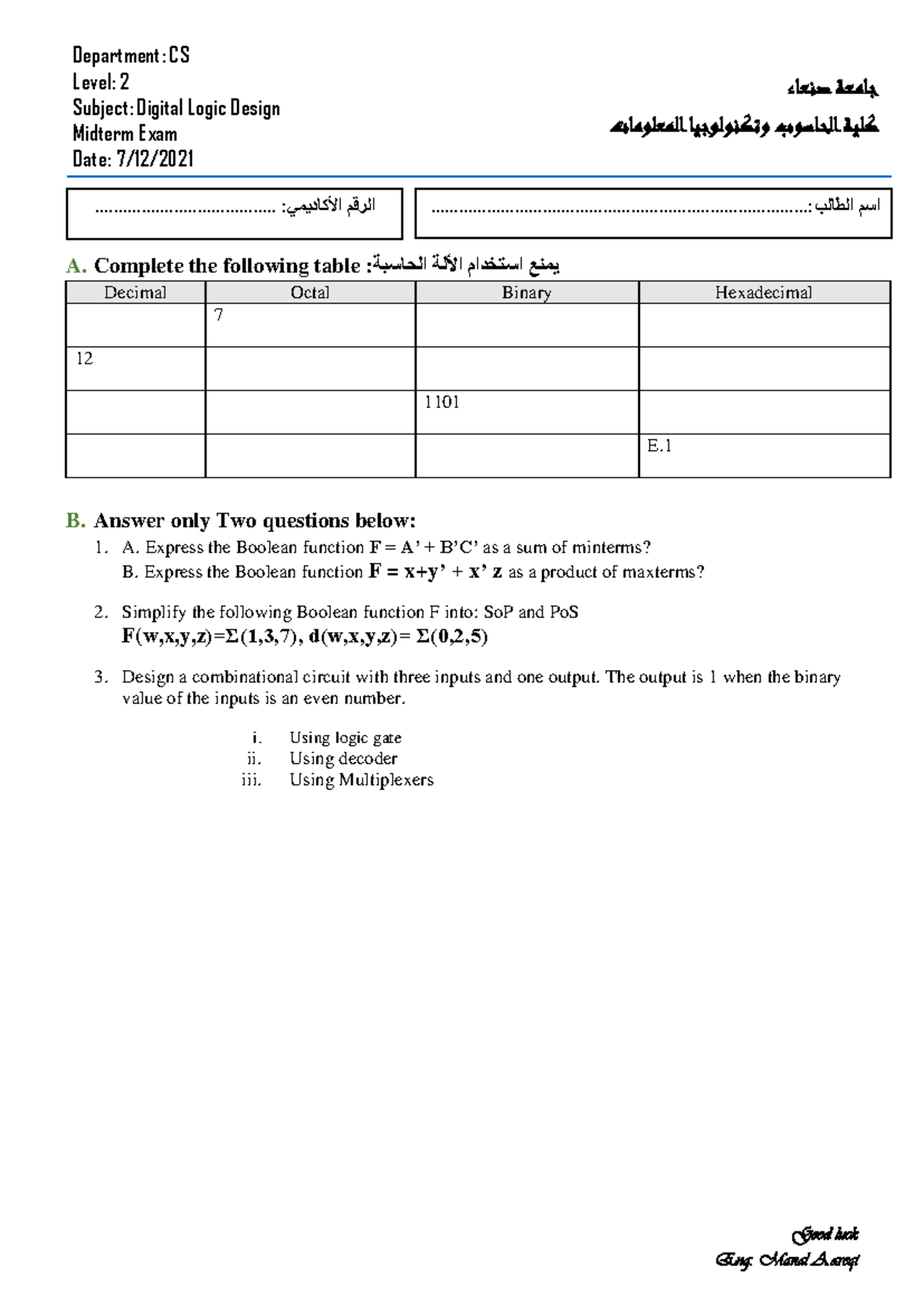 CS2 Digital Logic Design Midterm Exam Review Notes - Studocu