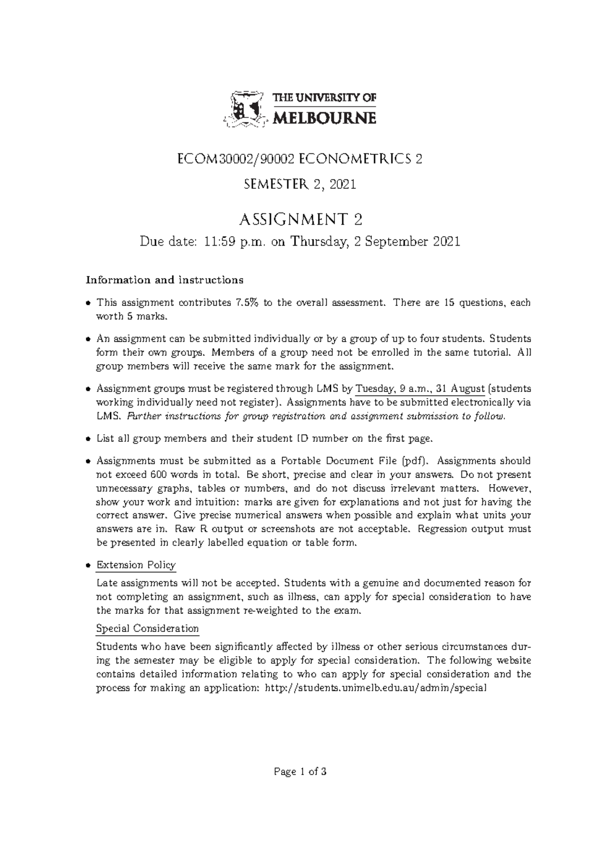 A2 - Assignment 2 for ECON 2 semester 2 2021 - ECOM30002 ...