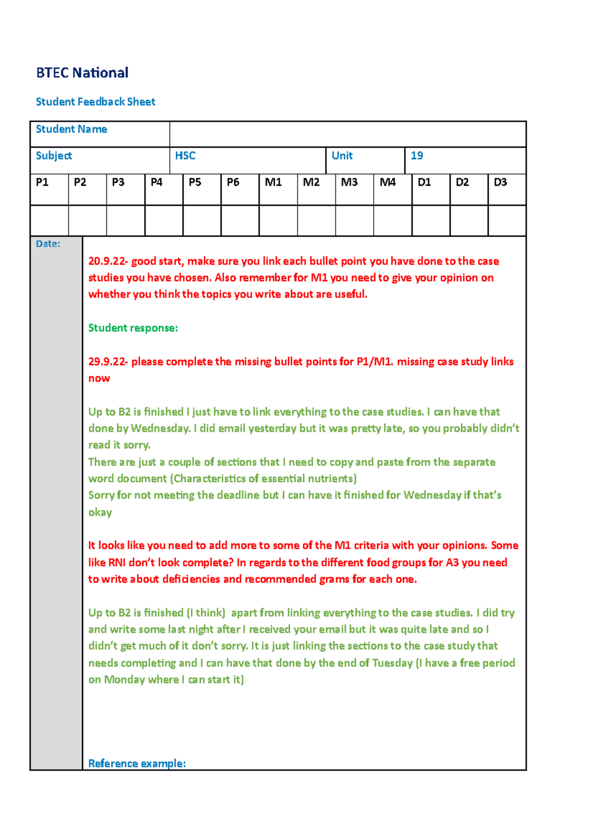 BTEC HSC Unit 19 Feedback Sheet: Nutritional Health Insights - Studocu