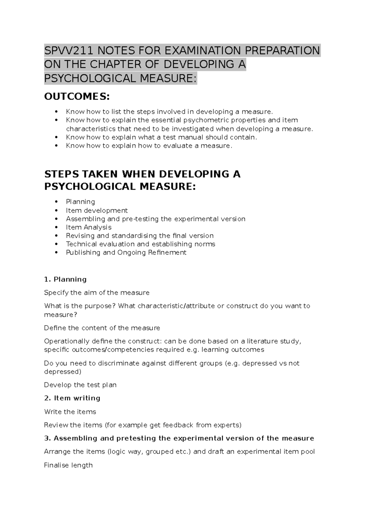 SPVV211 Exam Prep Notes: Developing a Psychological Measure Steps - Studocu