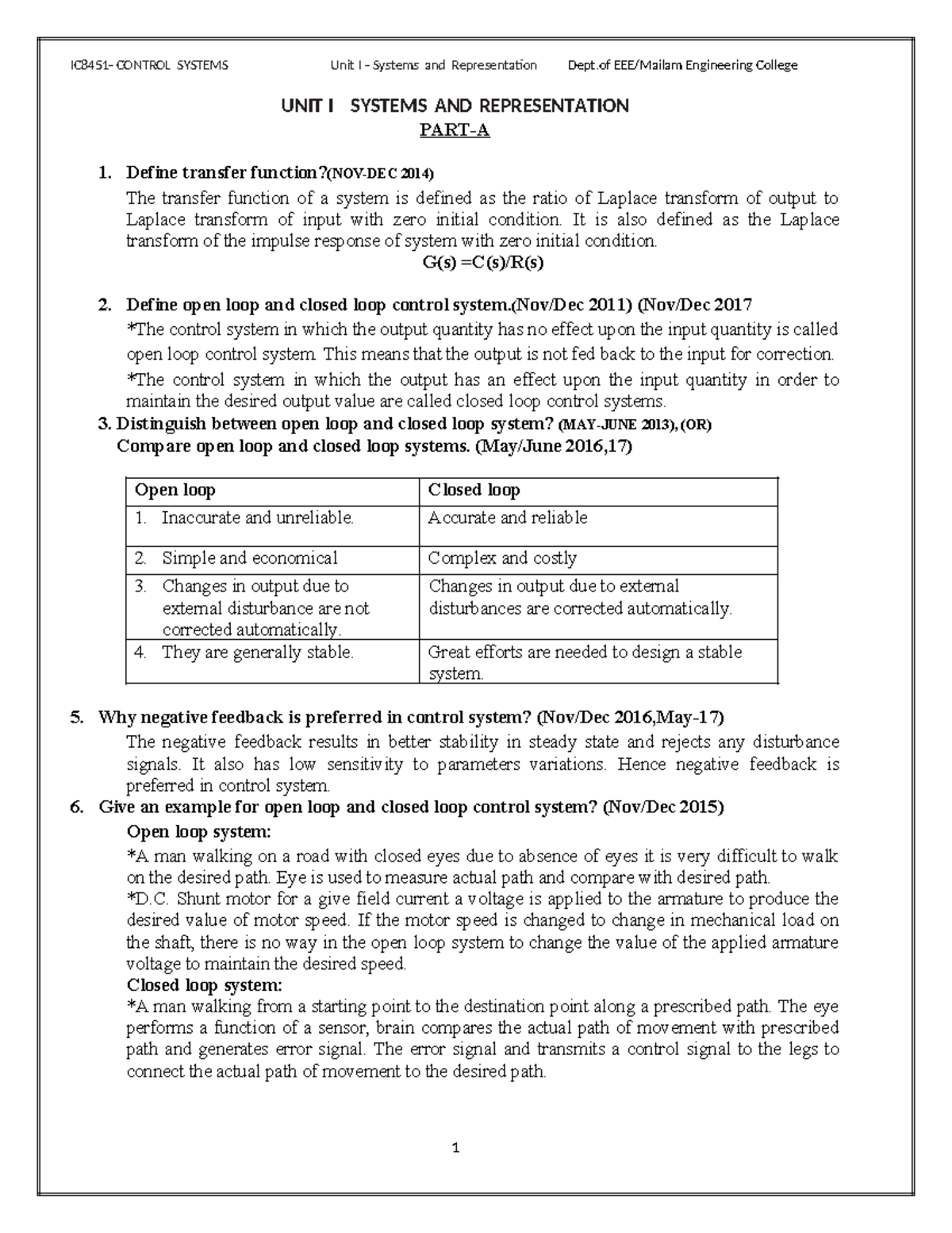 CS-UNIT I: Control Systems - Systems and Representation Notes - Studocu